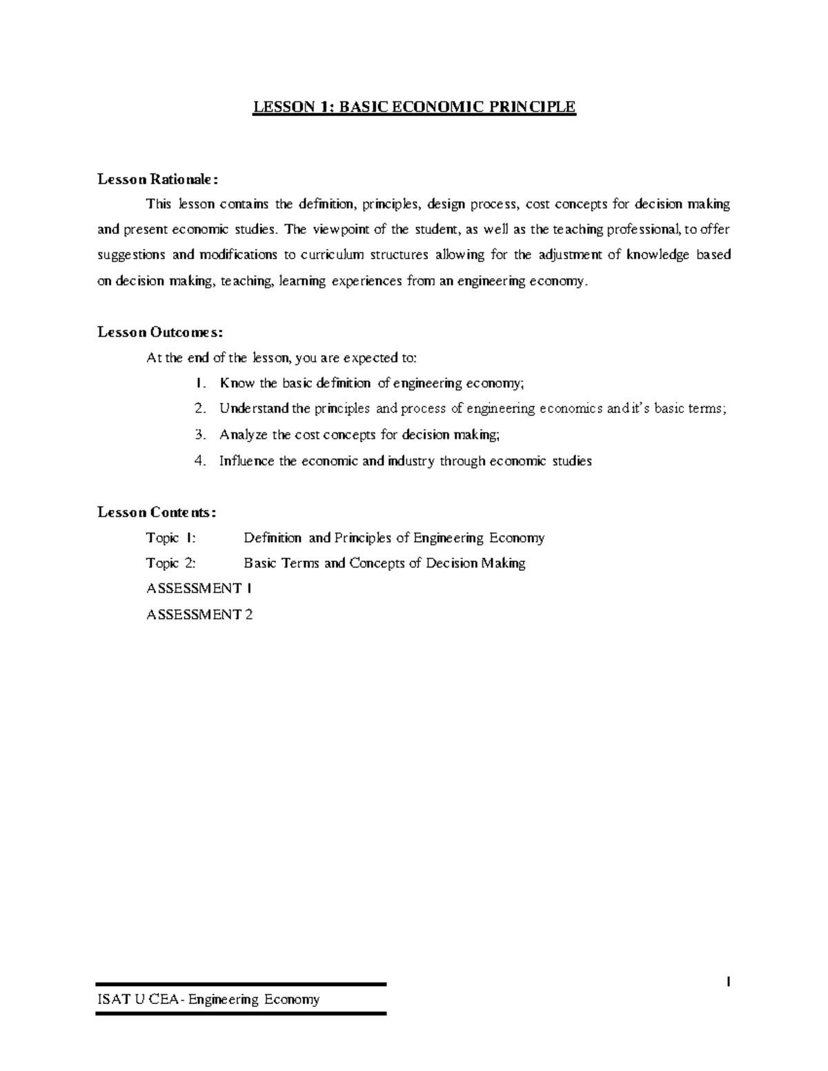 Lesson-1 - engineering economics lesson 1 - 1 LESSON 1: BASIC ECONOMIC ...