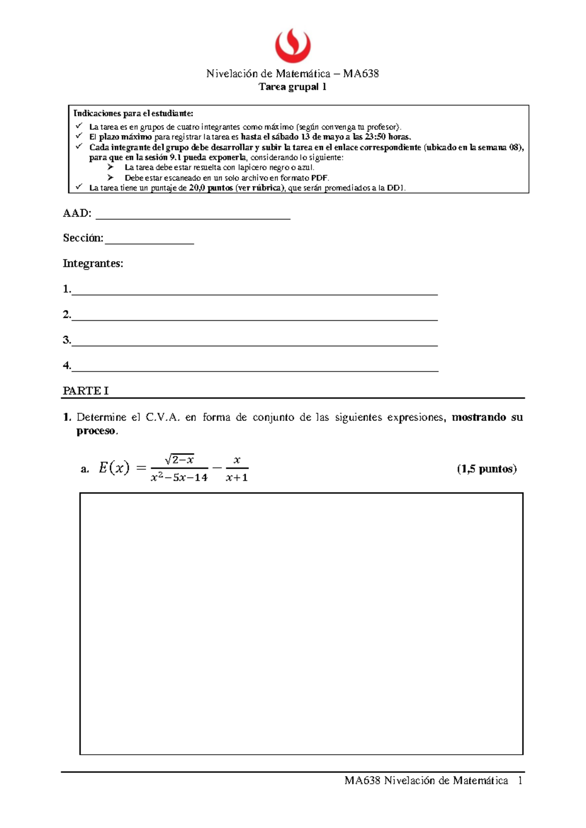 MA638 - Tarea grupal 1 - tarrea - Nivelación de Matemática – MA 638 ...