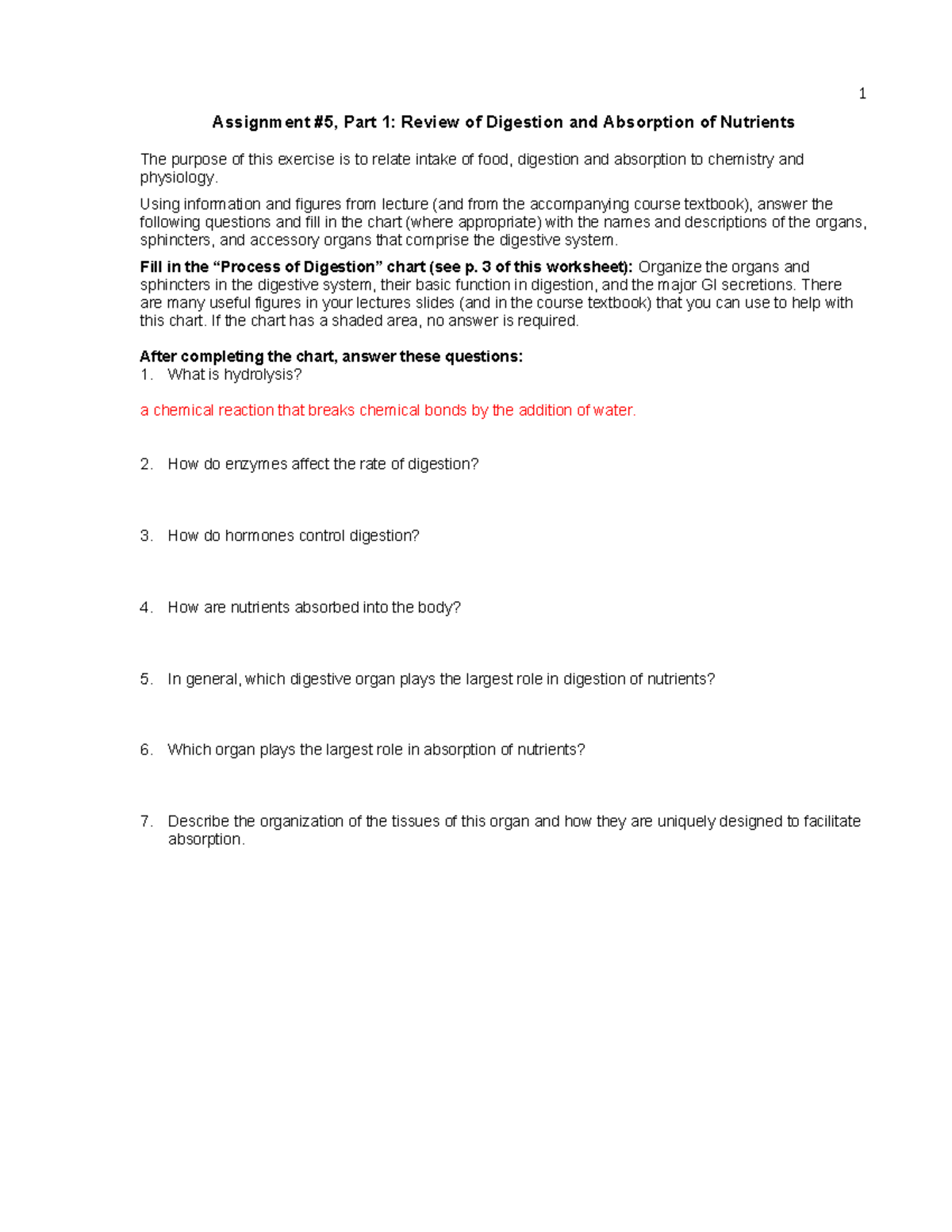 Assignment 5 - homework - Assignment #5, Part 1: Review of Digestion and Absorption of Nutrients ...