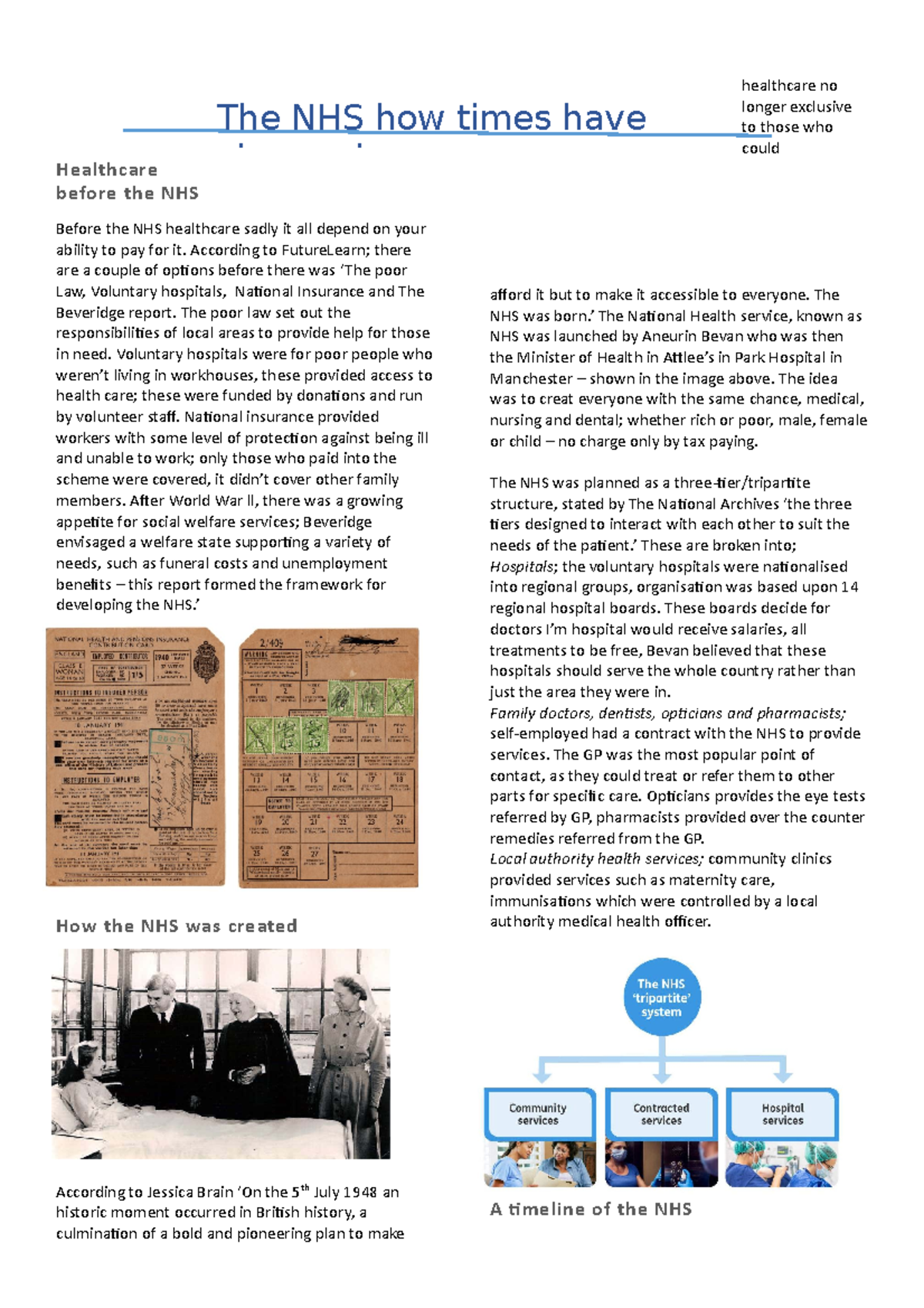 Unit 6 - the history of the NHS - Healthcare before the NHS Before the ...