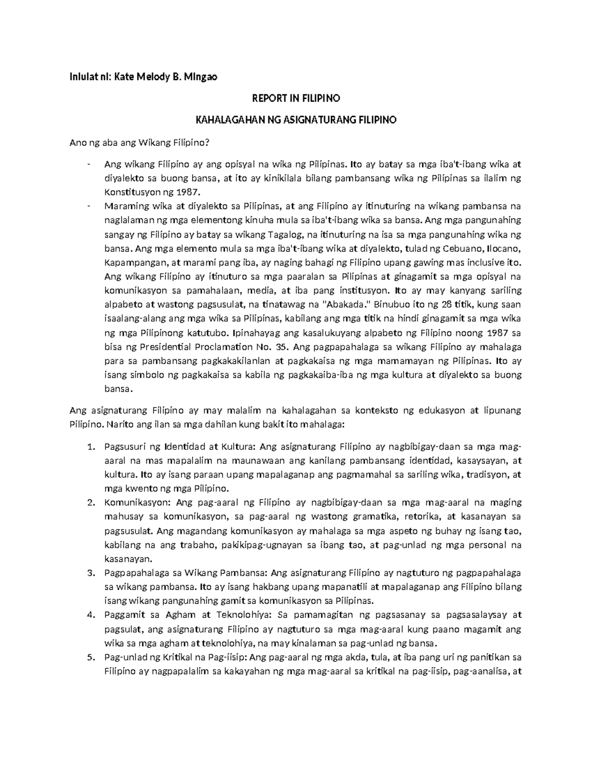 Report IN Filipino - understanding culture society - Iniulat ni: Kate ...