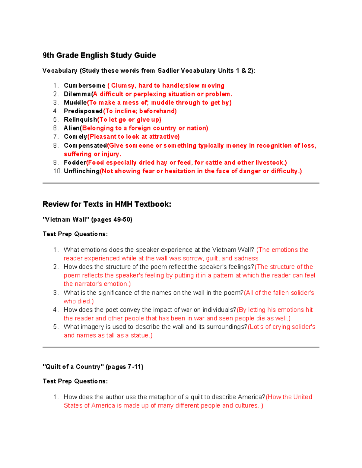 Unit 1 Study Guide (16) - idk - 9th Grade English Study Guide ...
