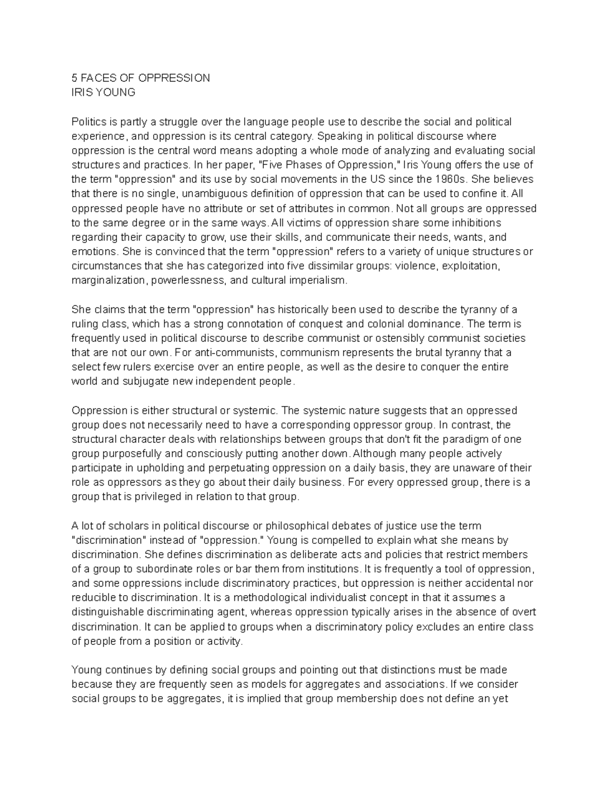 Iris Young-5 faces of oppression - 5 FACES OF OPPRESSION IRIS YOUNG ...