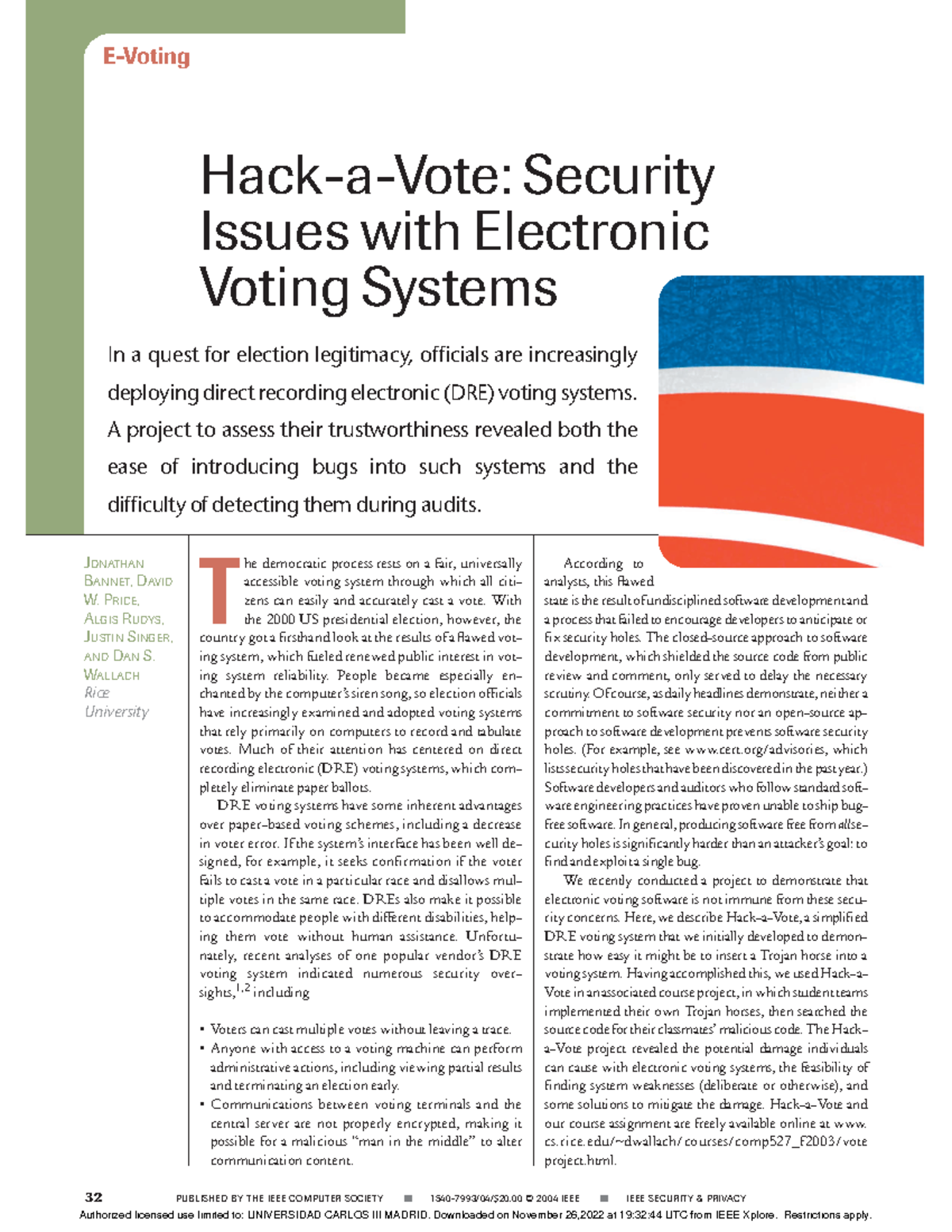 Hack A Vote Security Issues With Electronic Voting Systems T He Democratic Process Rests On A