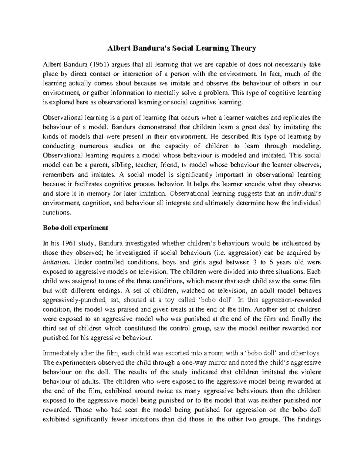 Albert Bandura- Observational Learning - Albert Bandura’s Social ...