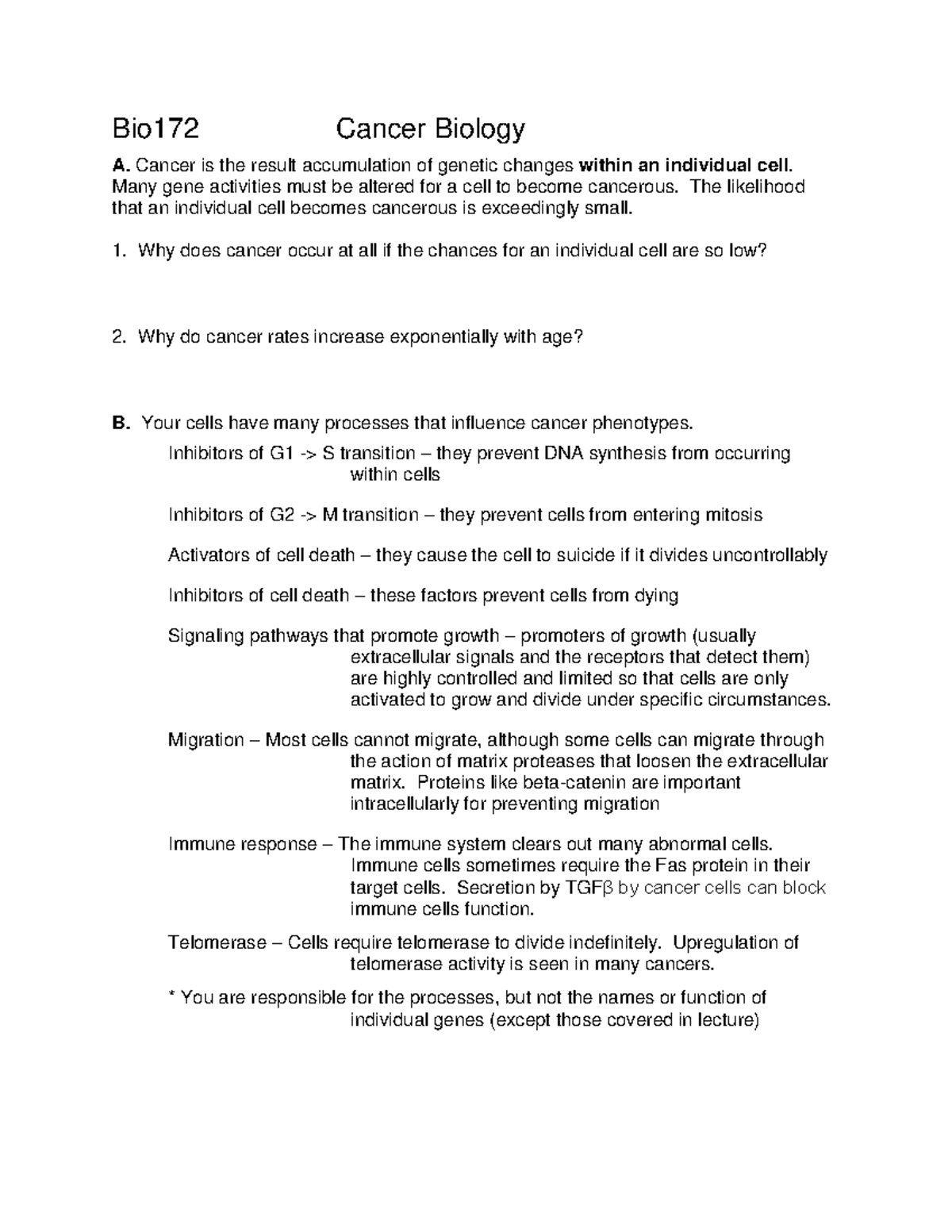 Discussion 11: Cancer biology - Bio172 Cancer Biology A. Cancer is the ...