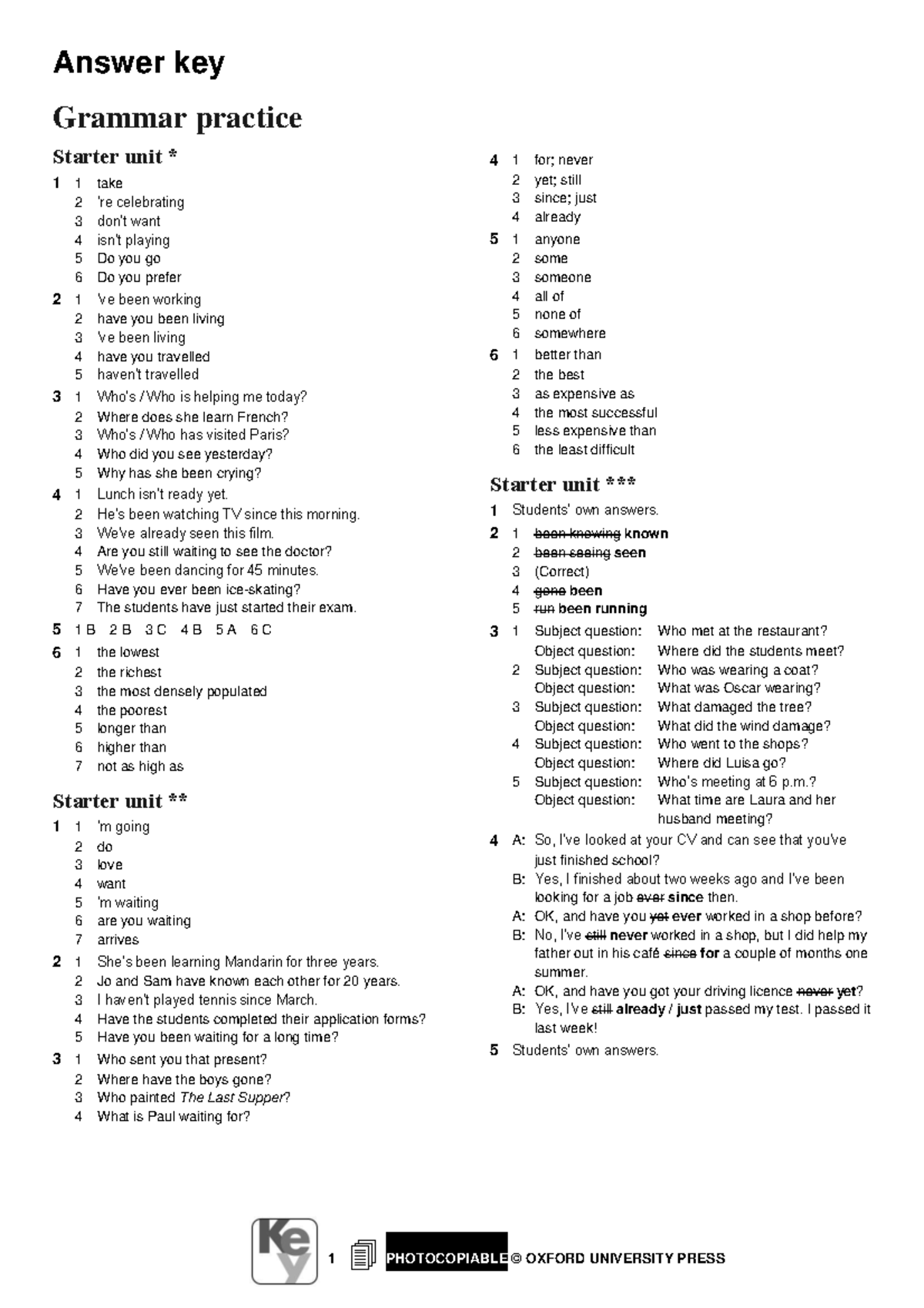 Answer key - Ejercicios de Inglés - Answer key Grammar practice Starter ...