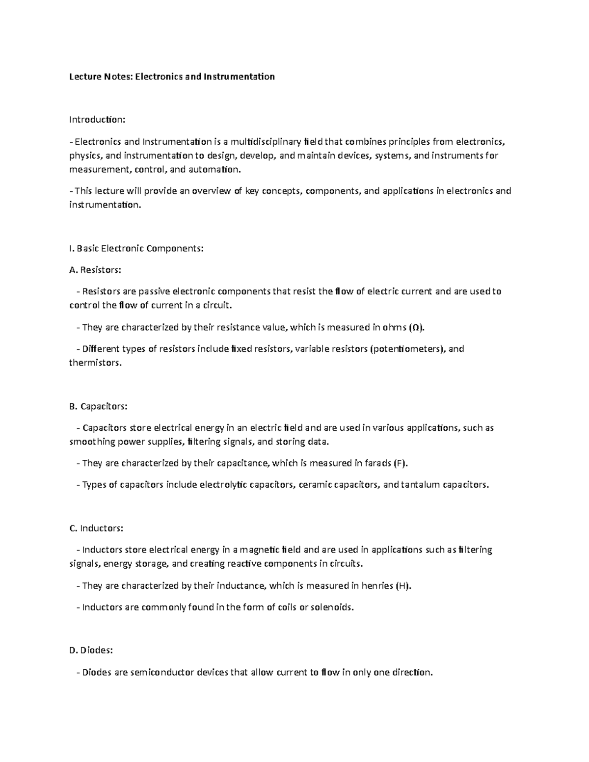 Lecture Notes: Electronics and Instrumentation - Lecture Notes ...