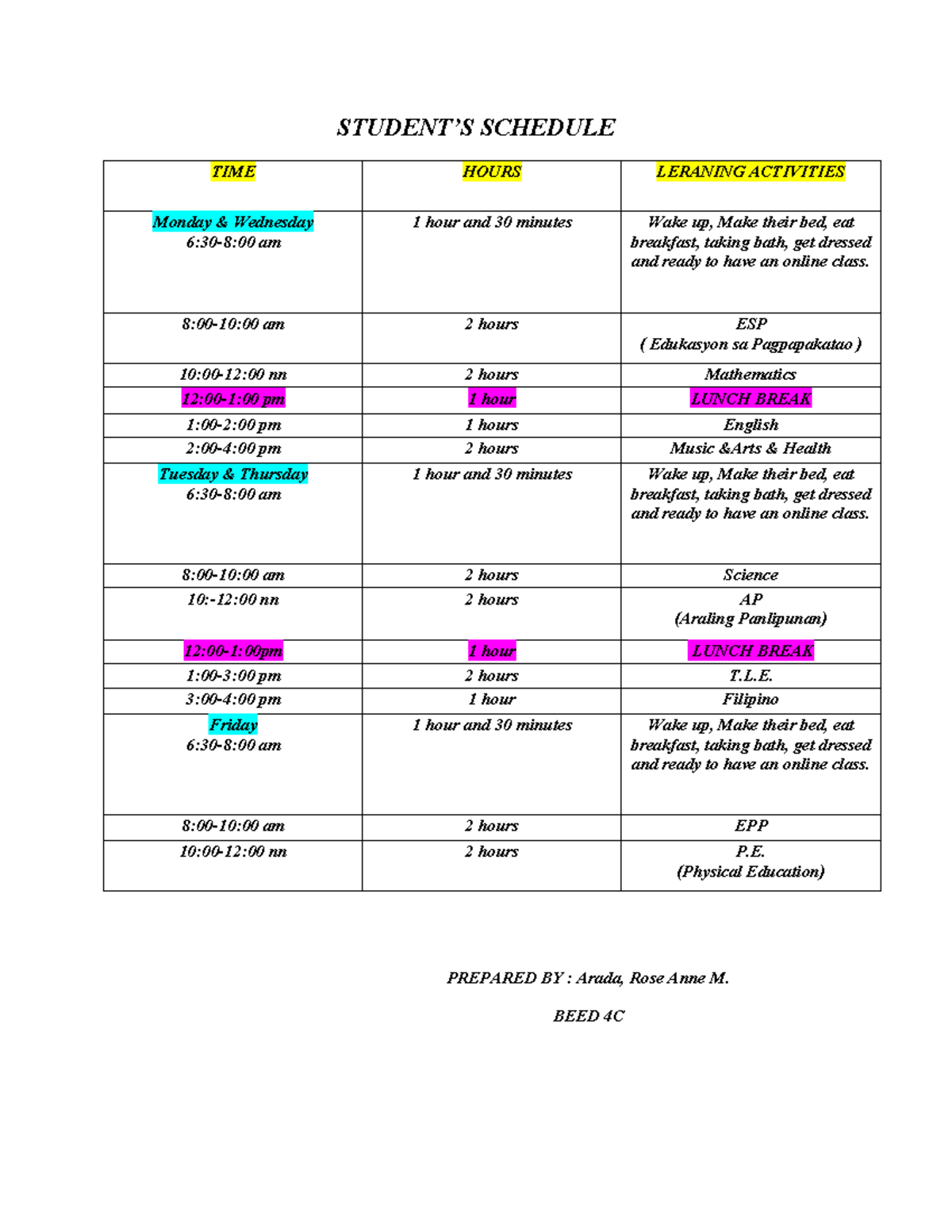 TMGC (TIME Table) - educatonal - STUDENT’S SCHEDULE TIME HOURS LERANING ...