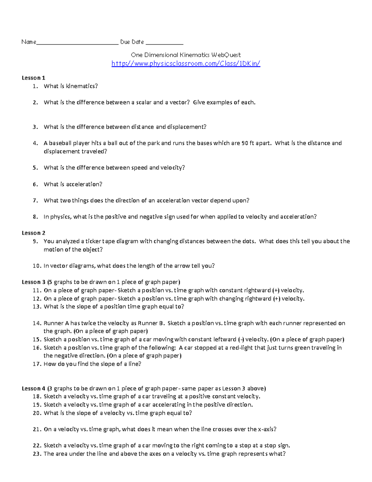 Webquest 1d motion - dk' - Name________________________ Due Date ...