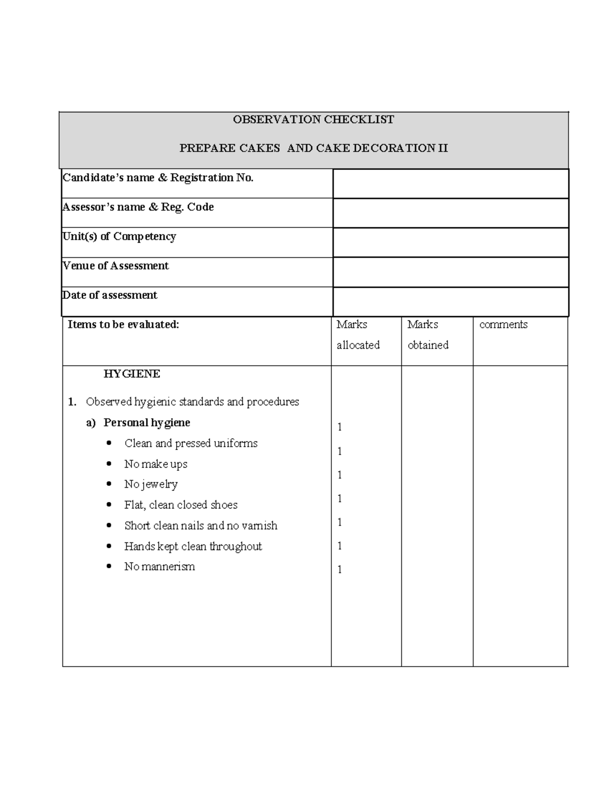 CAKE PRACTICAL EXAM - OBSERVATION CHECKLIST PREPARE CAKES AND CAKE ...
