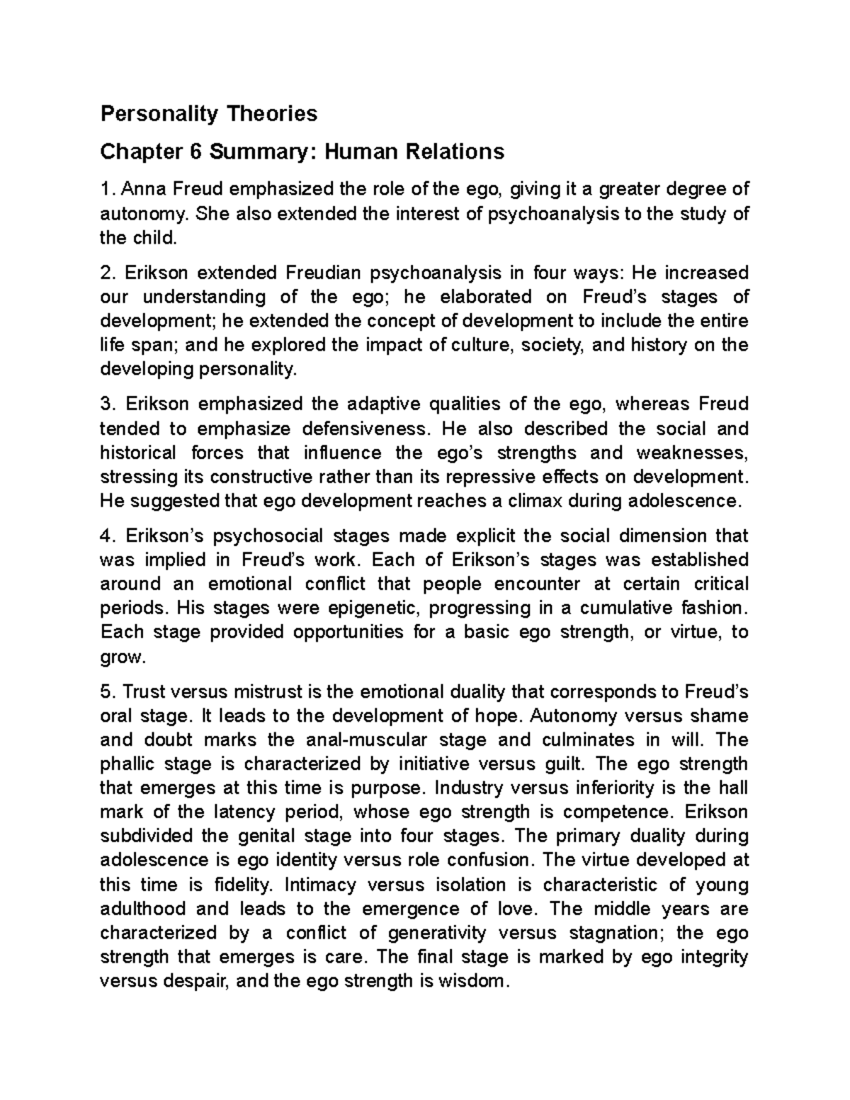 Human Relations - Summary - Personality Theories Chapter 6 Summary ...