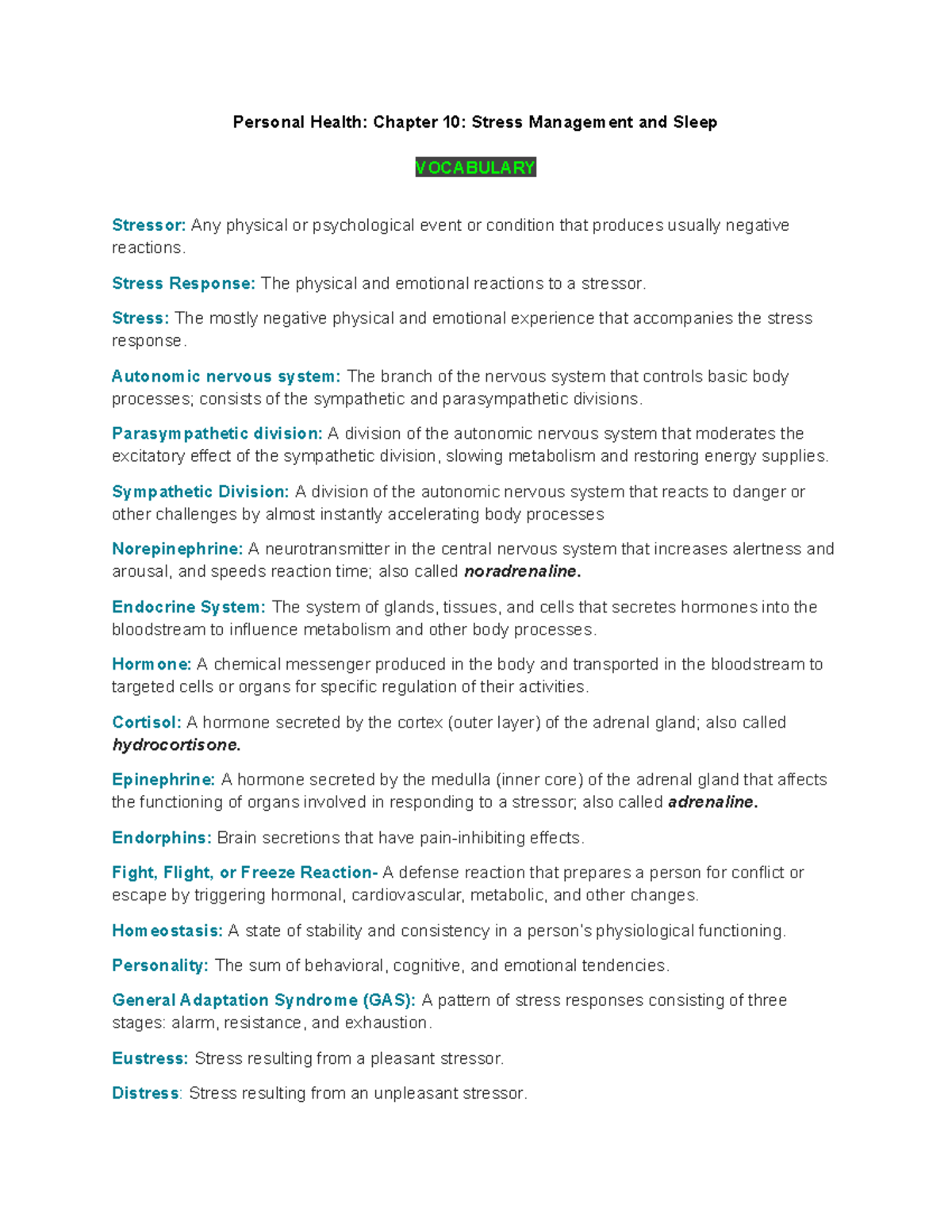 Personal Health Chapter 10 Stress Management and Sleep - Stress ...