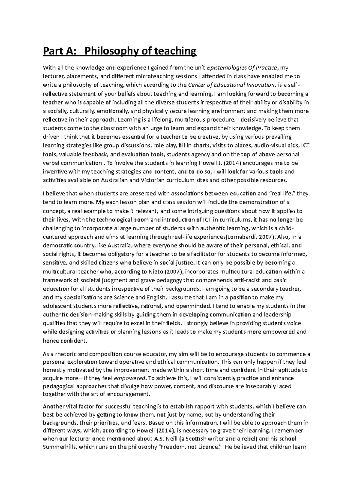 Shriya - assignment 3 for this unit includes my philosophy of teaching ...