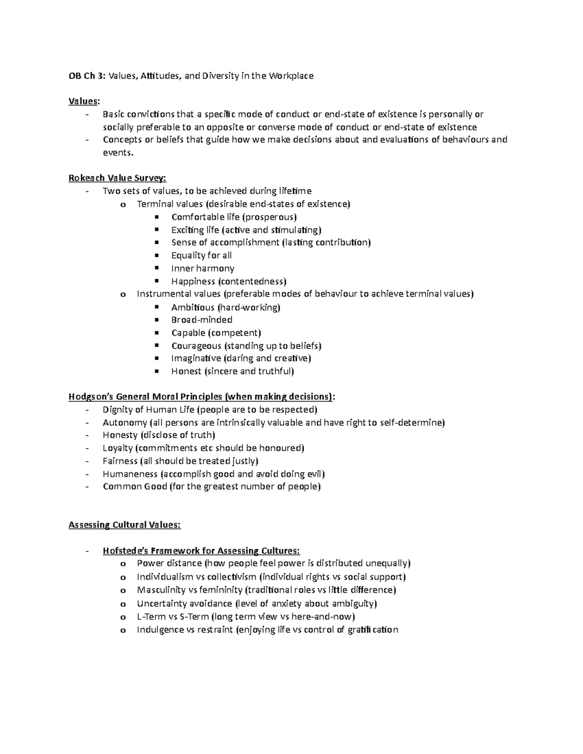 Organizational Behavior Ch. 3 - OB Ch 3: Values, Attitudes, and ...