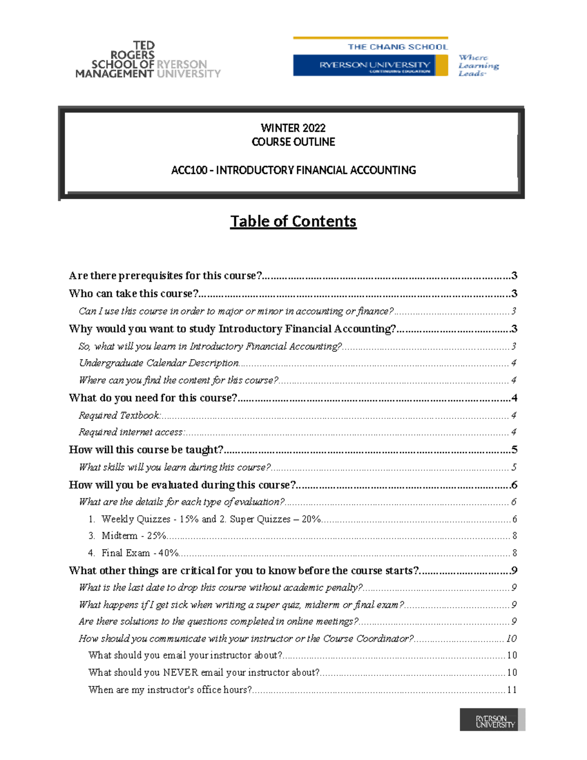 ACC100 - Course Outline - Winter 2022 - COURSE OUTLINE ACC100 ...