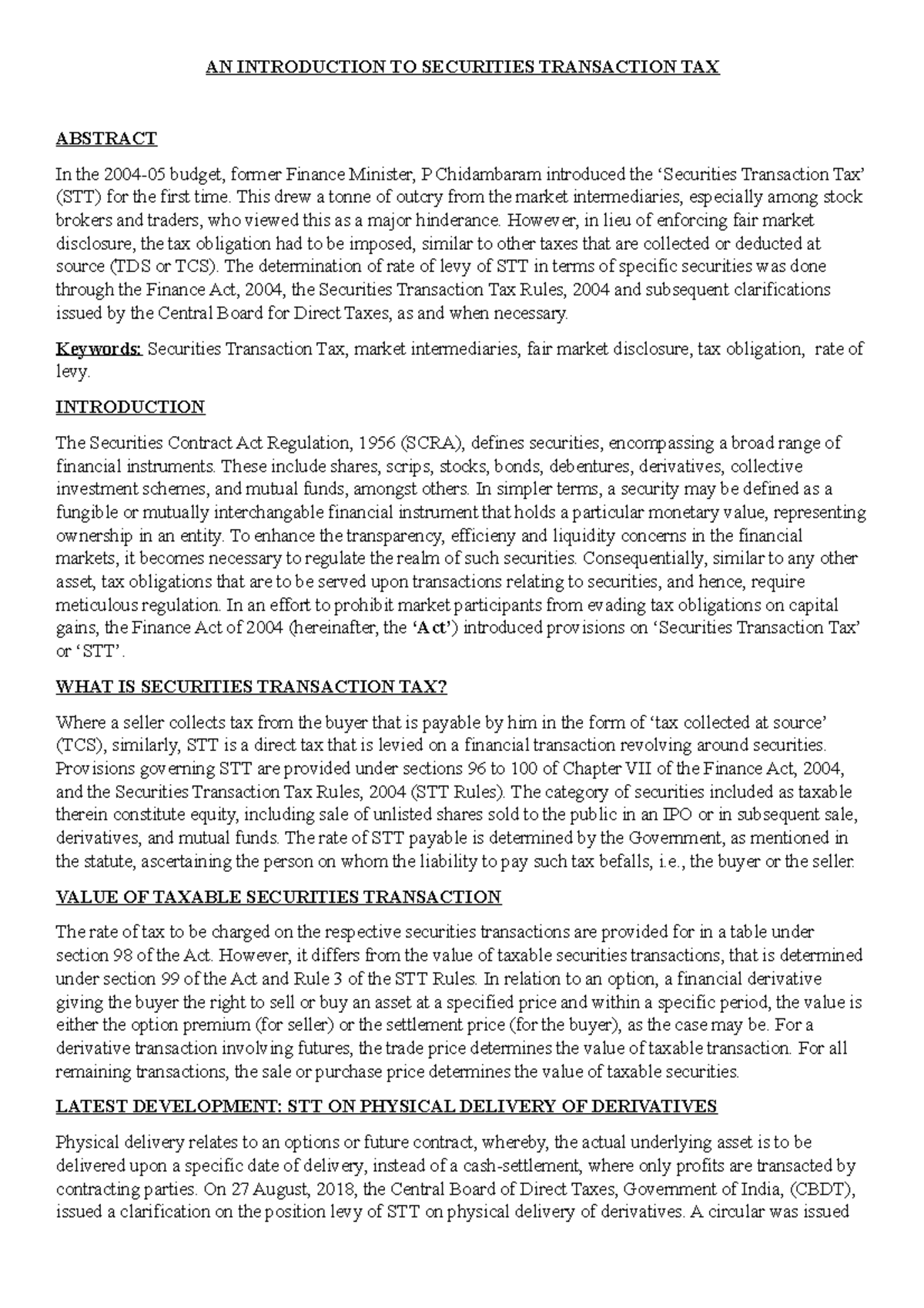 AN Introduction TO Securities Transaction TAX - AN INTRODUCTION TO ...