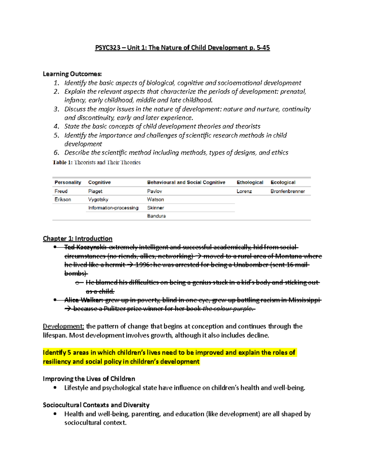 PSYC323 - Unit 1 Reading Notes - PSYC323 – Unit 1: The Nature of Child ...