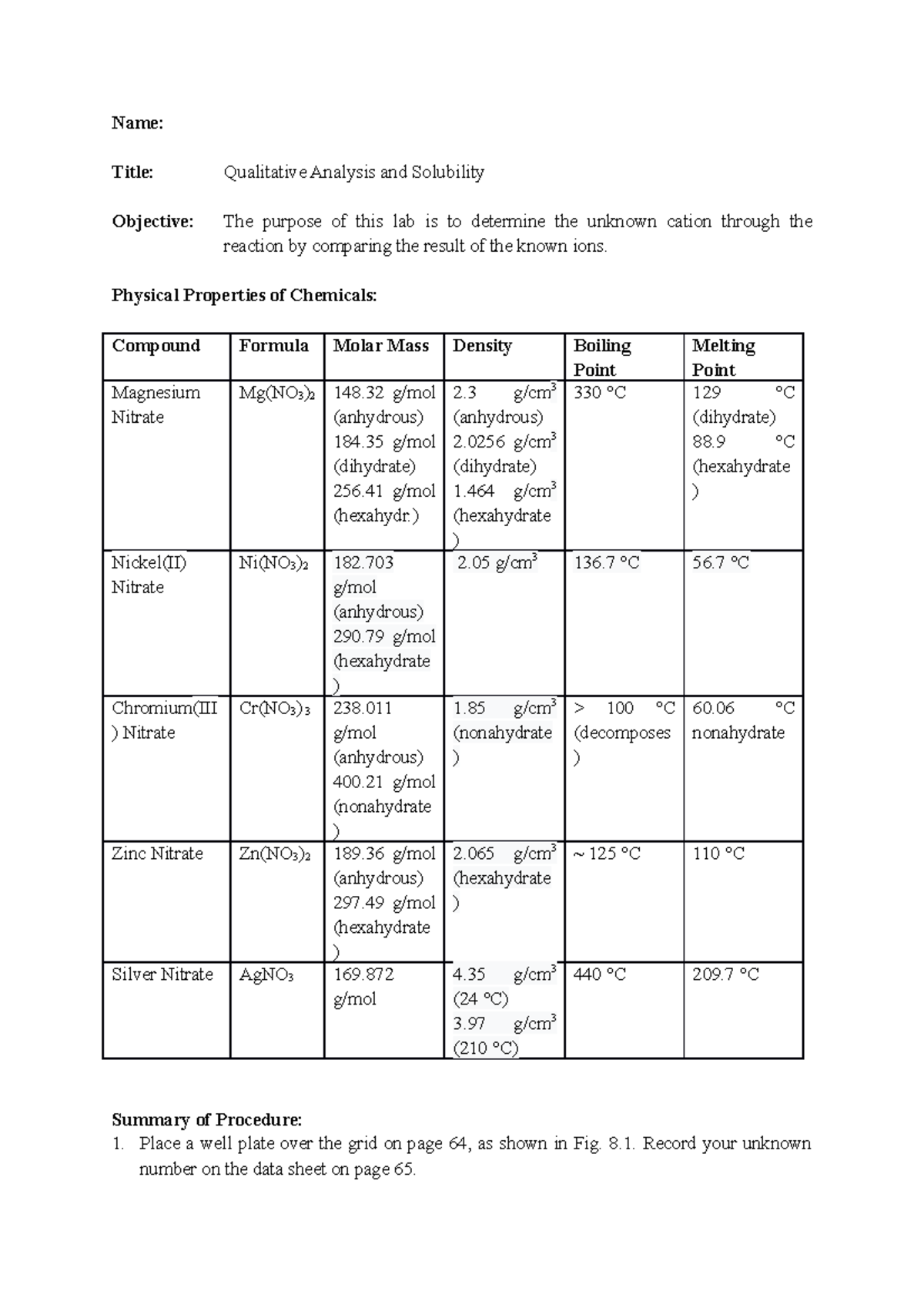 lab 8- Title: Qualitative Analysis and Solubility - Name: Title ...