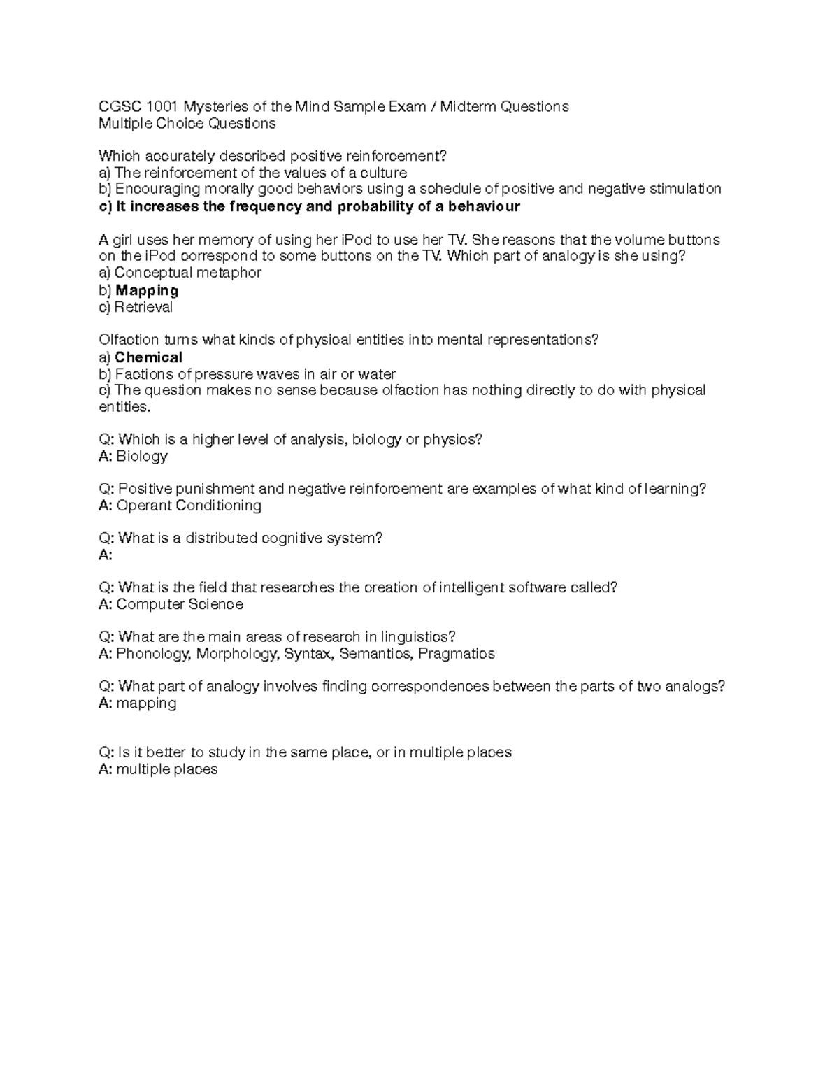 Untitled 2 - notes - CGSC 1001 Mysteries of the Mind Sample Exam ...