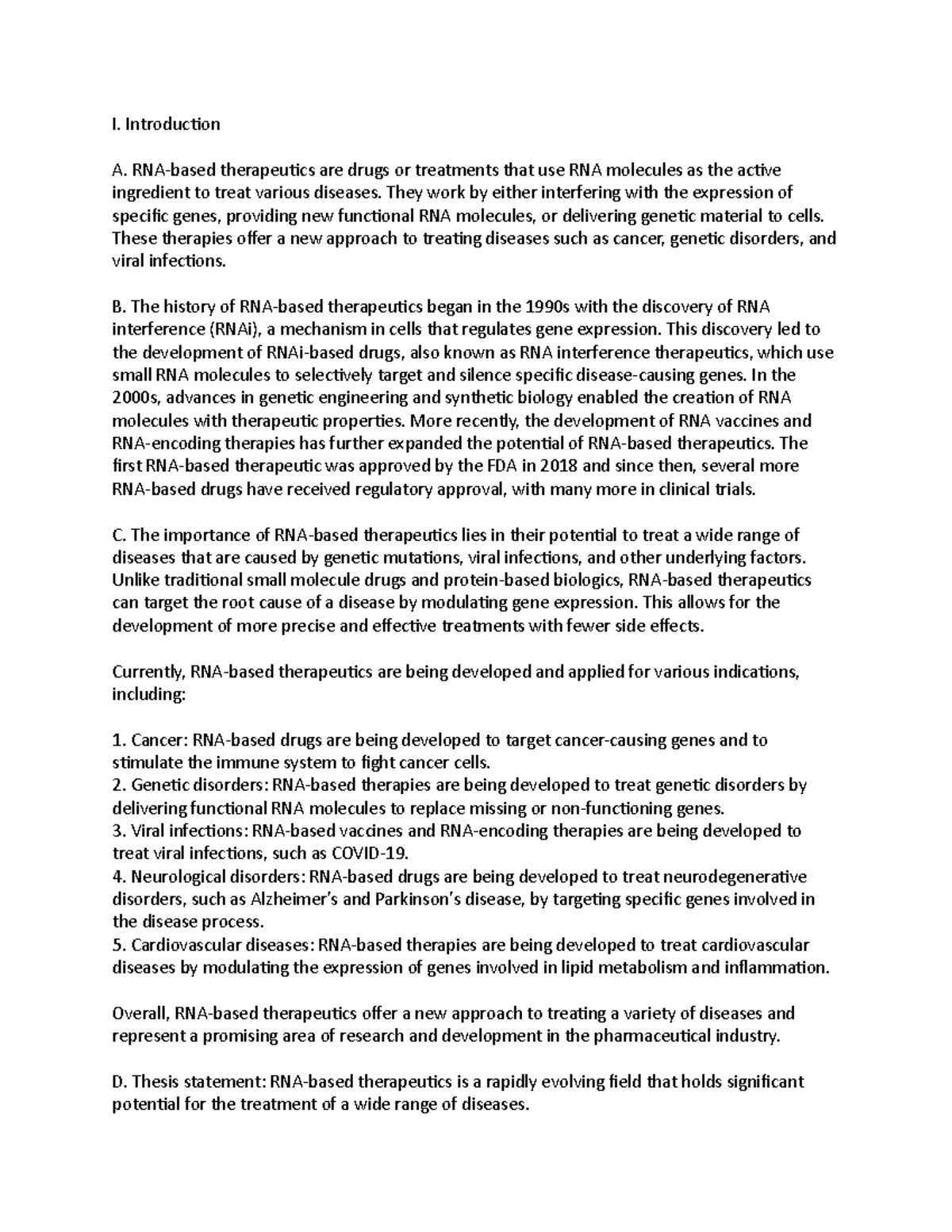 RNA-Based Therapeutics - I. Introduction A. RNA-based therapeutics are ...