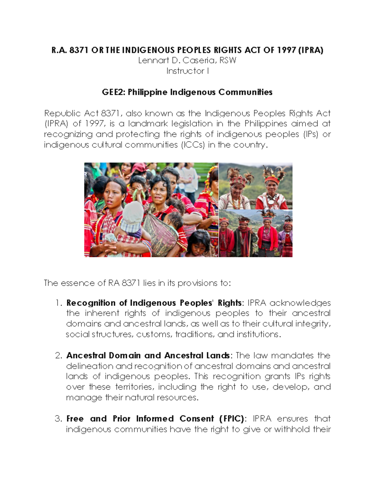 Republic Act 8371 and Cultural Sensitivism - R. 8371 OR THE INDIGENOUS ...