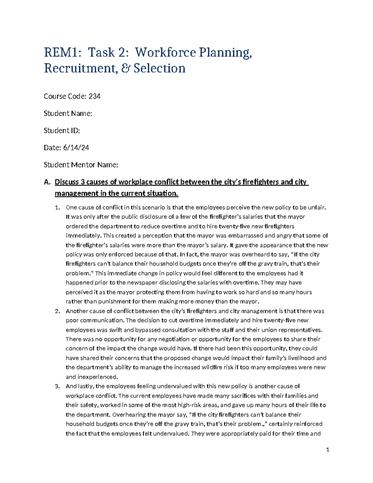 C234 Task 2 Template Passed - REM1: Task 2: Workforce Planning ...