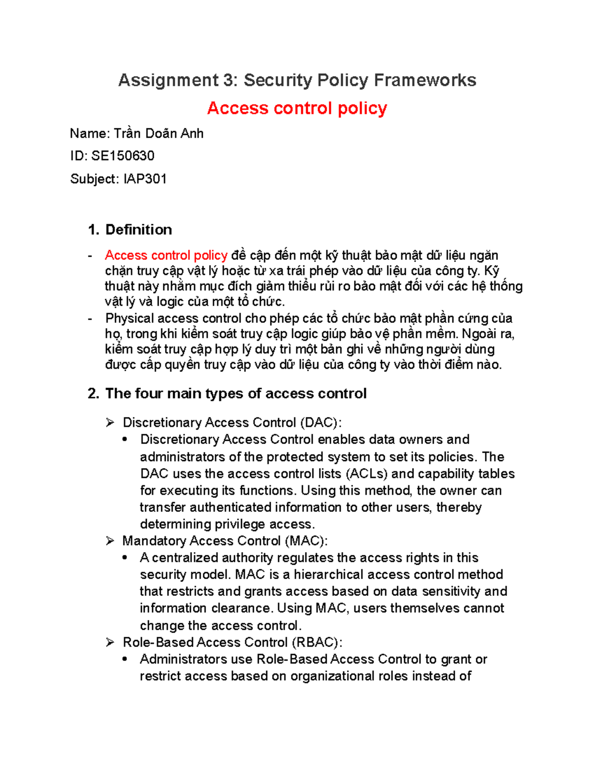 Assignment 3 IA1602 Trần-Doãn-Anh SE150630 - Assignment 3: Security Policy Frameworks Access ...