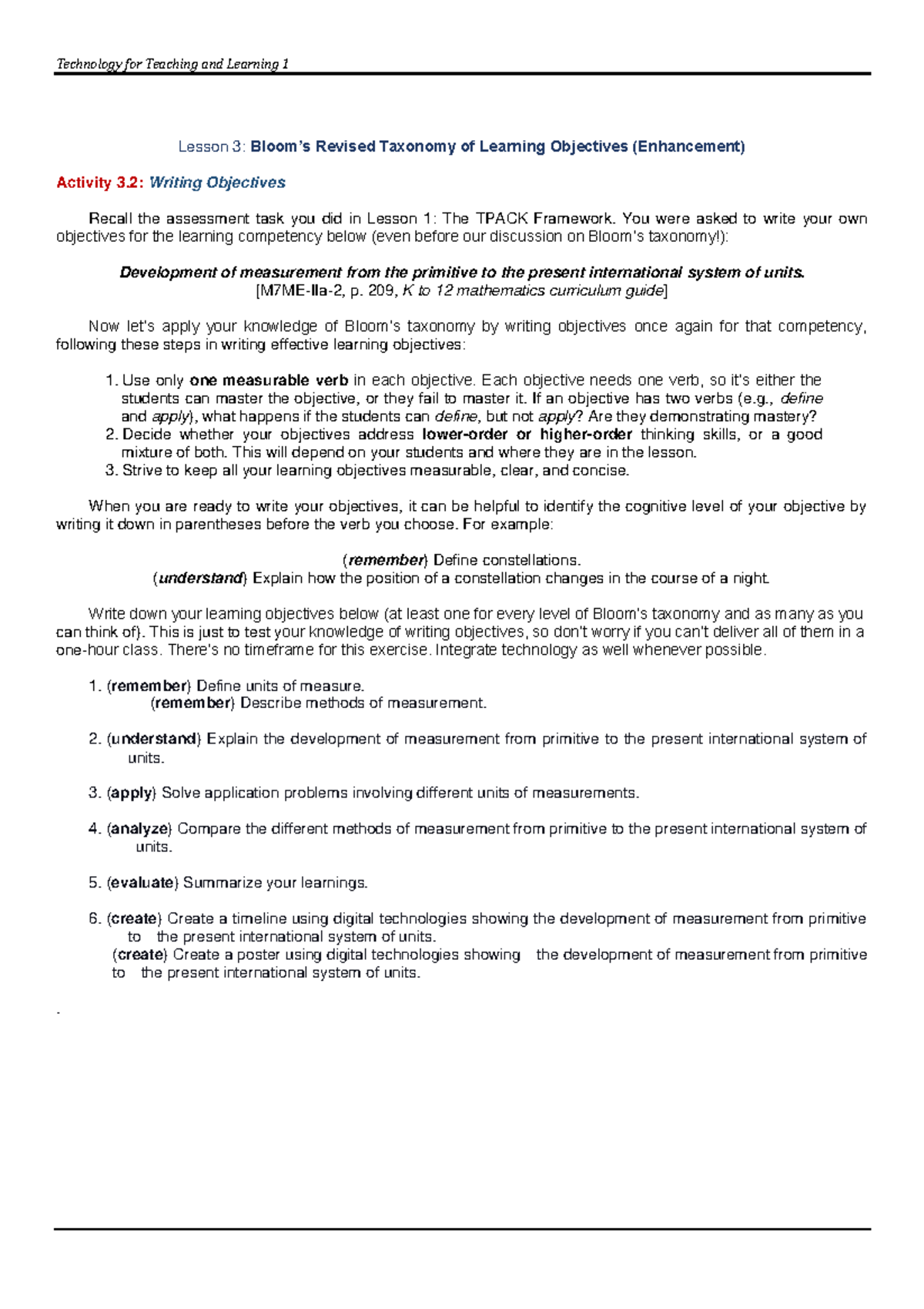 Writing Objectives Using Bloom’s Revised Taxonomy - Technology for ...