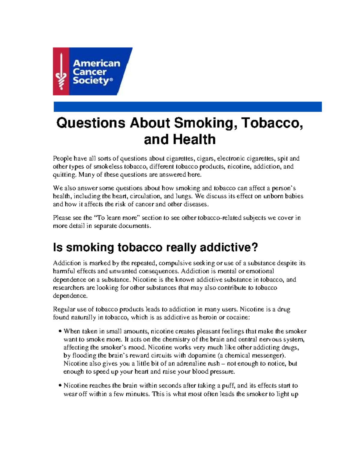 American Cancer Society - Questions About Smoking Tobacco and Health 1 ...