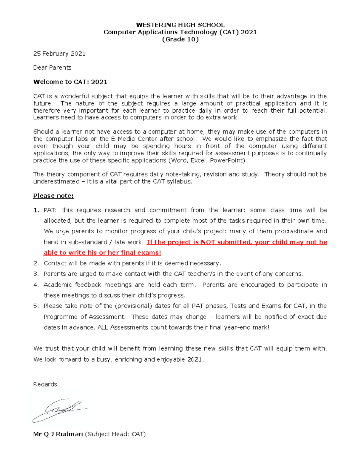 2021 Grade 10 CAT Letter 10d9f7272773 - WESTERING HIGH SCHOOL Computer ...
