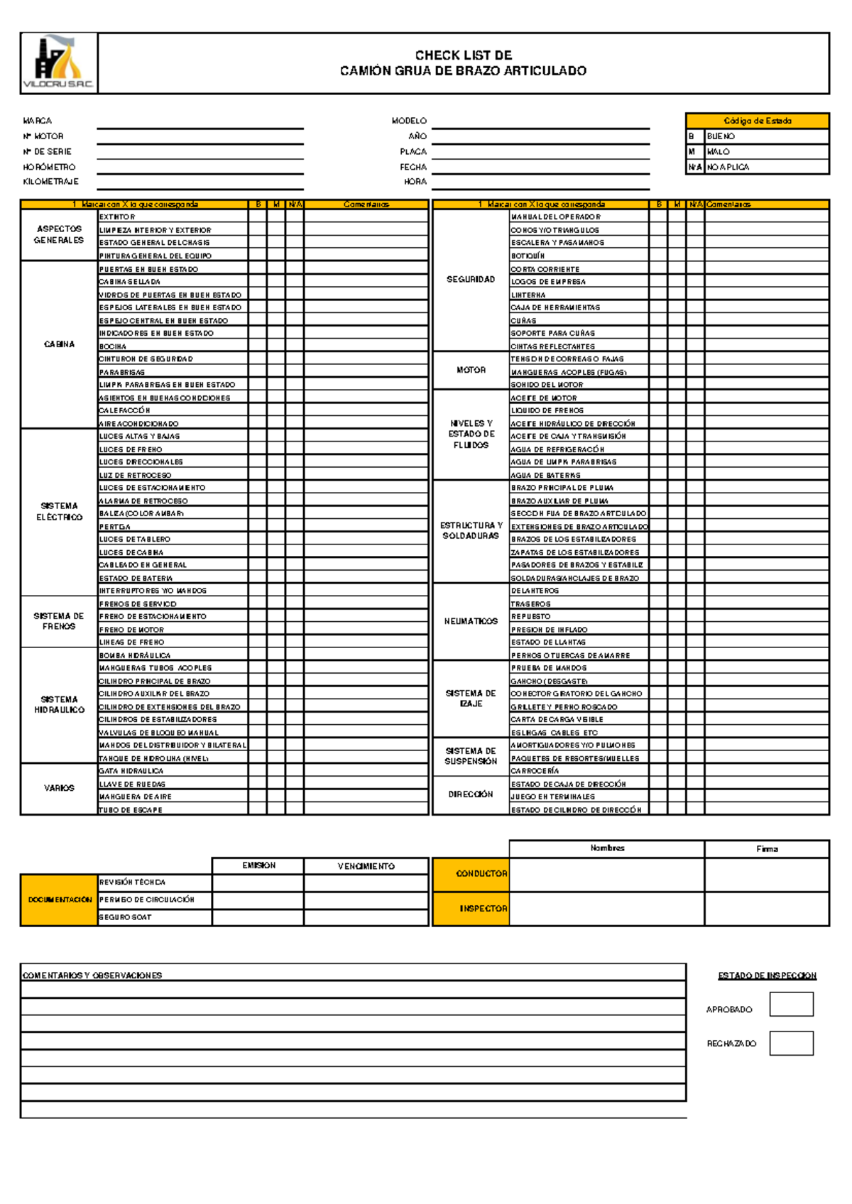 416699287 Check List de Camion Grua - MARCA MODELO N° MOTOR AÑO B BUENO ...
