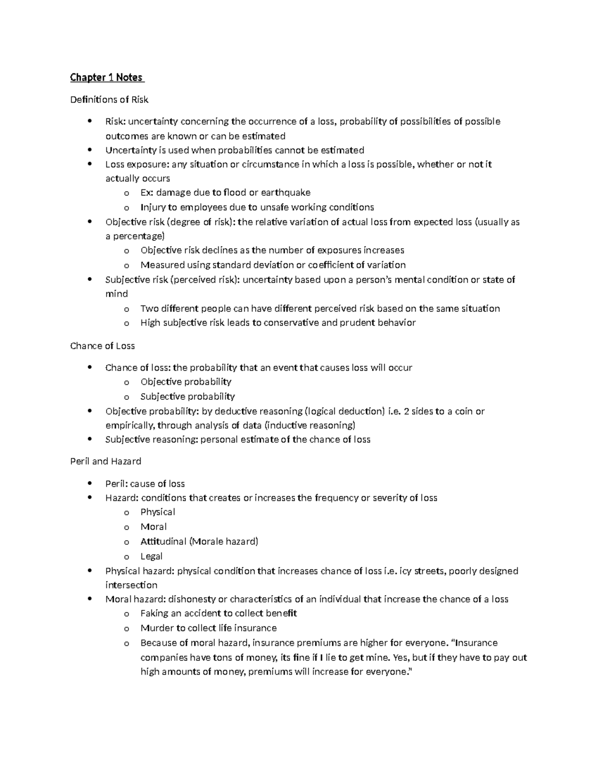 Chapter 1 Notes - Summary Principles of Risk Management and Insurance ...