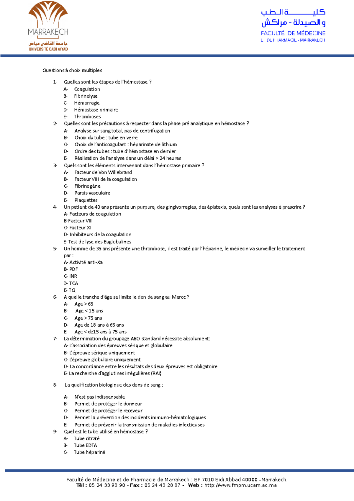 QCM 1Session 20 Pr Chakour - Questions à choix multiples 1- Quelles ...