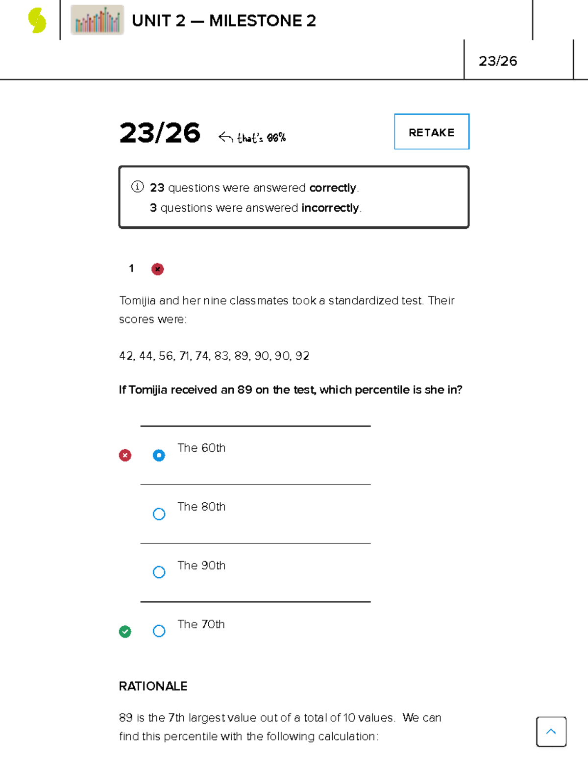 Stat Milestone 2 - Stats intro study material - 1 23/26 that's 88% ...