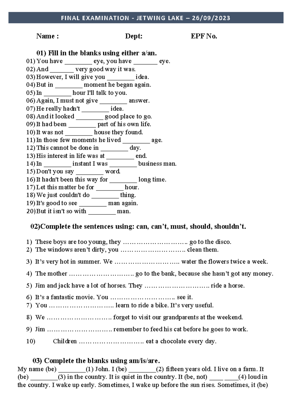 Jetwing Lake - This is a practice paper that u can evaluate yourself ...