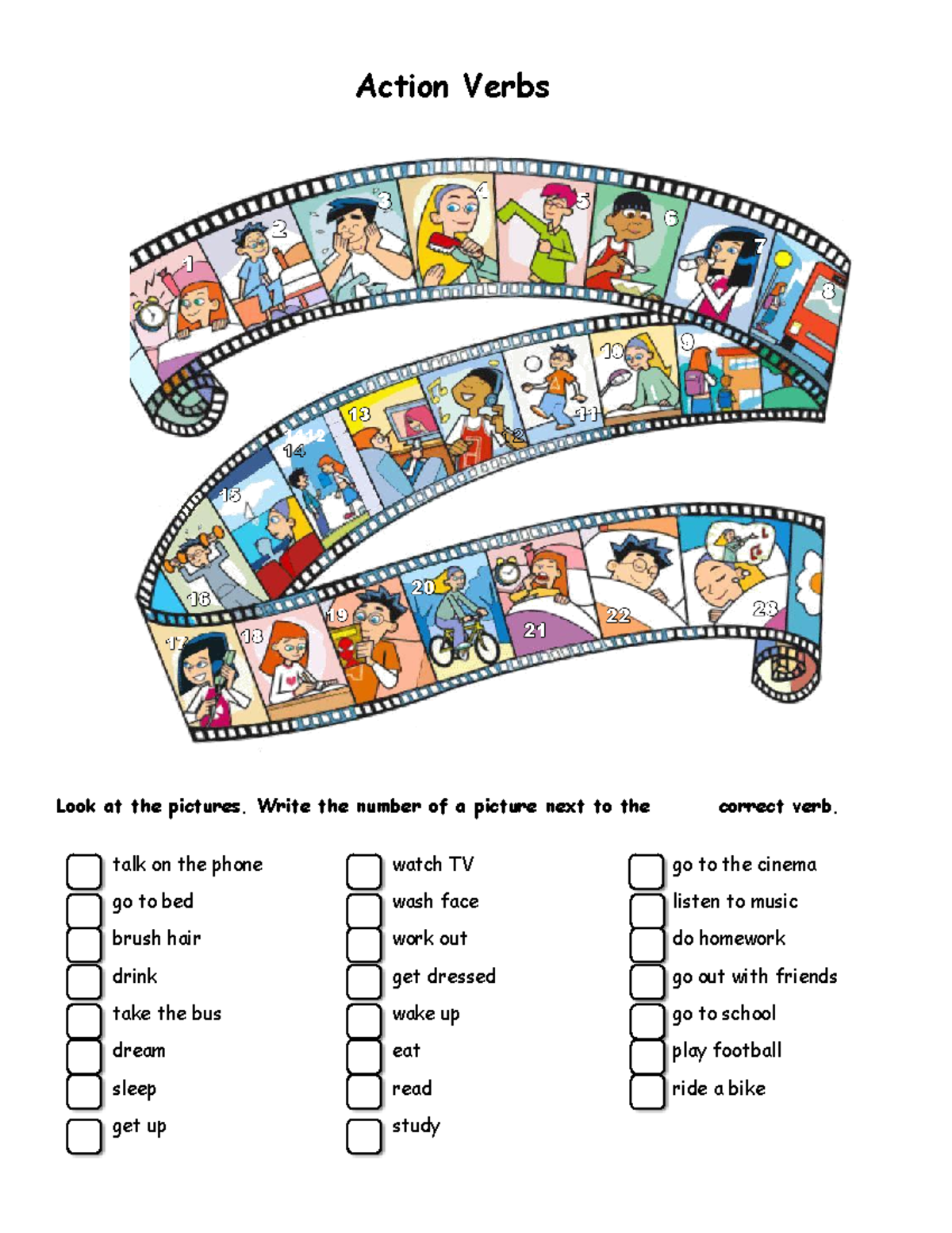 Action Verbs - Look at the pictures. Write the number of a picture next ...