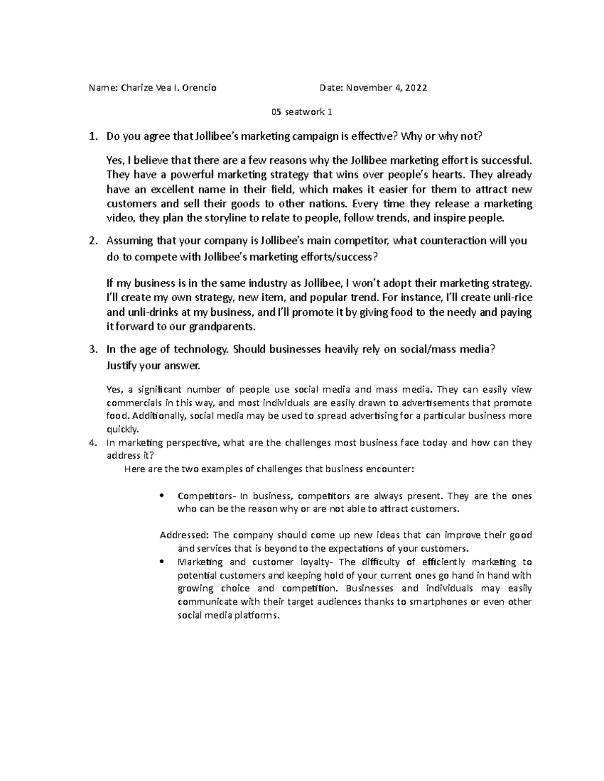05seatwork 1 Orencio - assignment - Name: Charize Vea I. Orencio Date ...