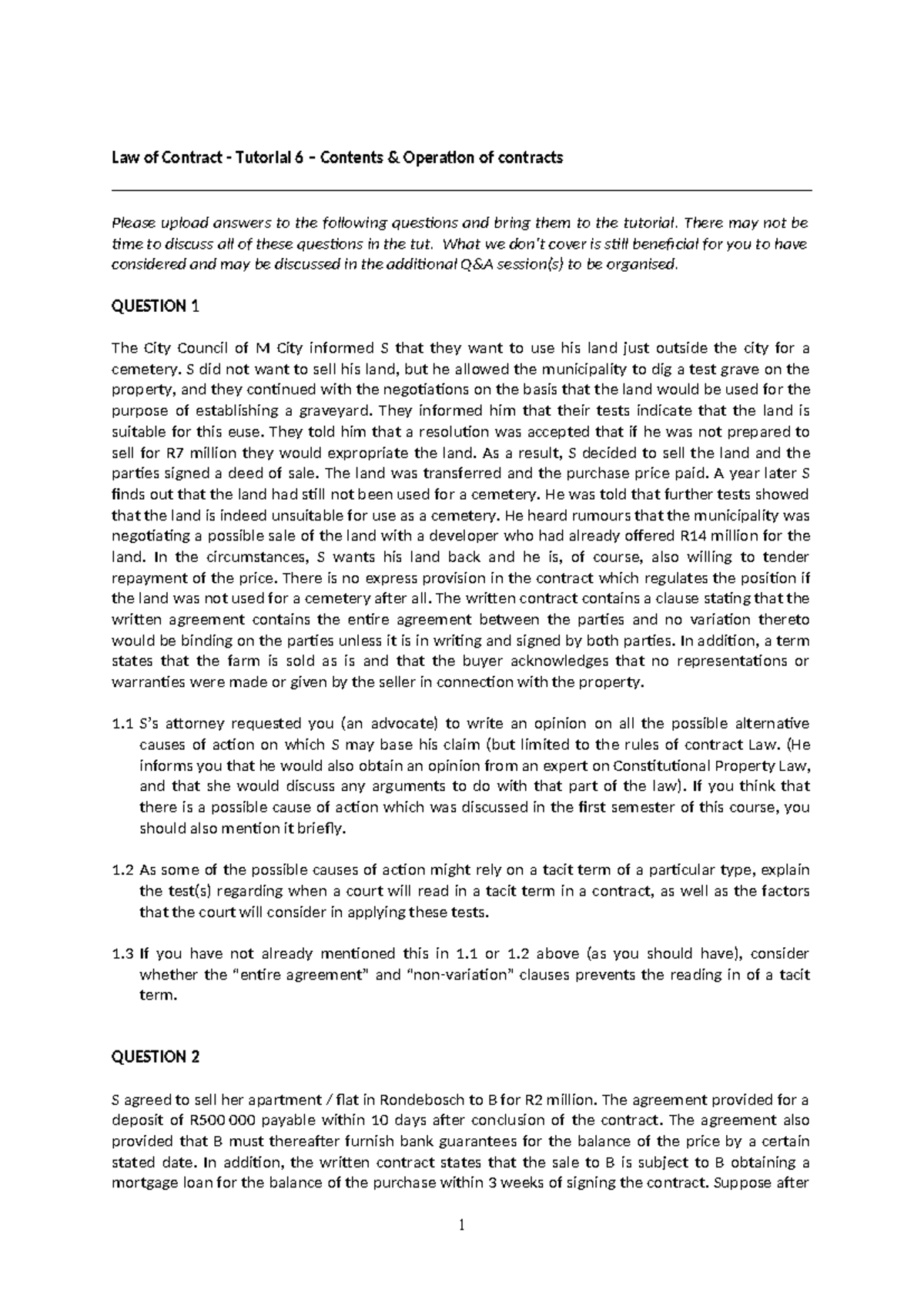 Tut 6 Contents and Operation of Contracts 2023 - Law of Contract - Tutorial 6 – Contents & - Studocu