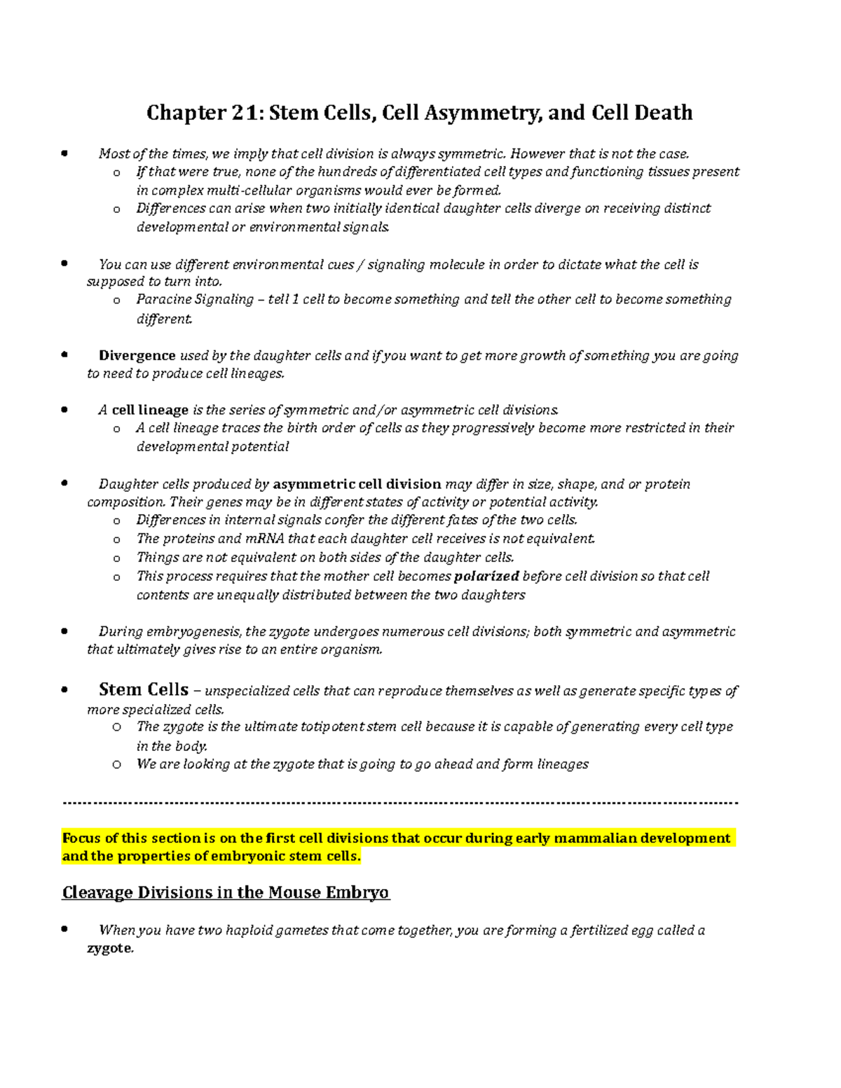 Chapter 21 Outline - Summary The World of the Cell - Chapter 21: Stem ...