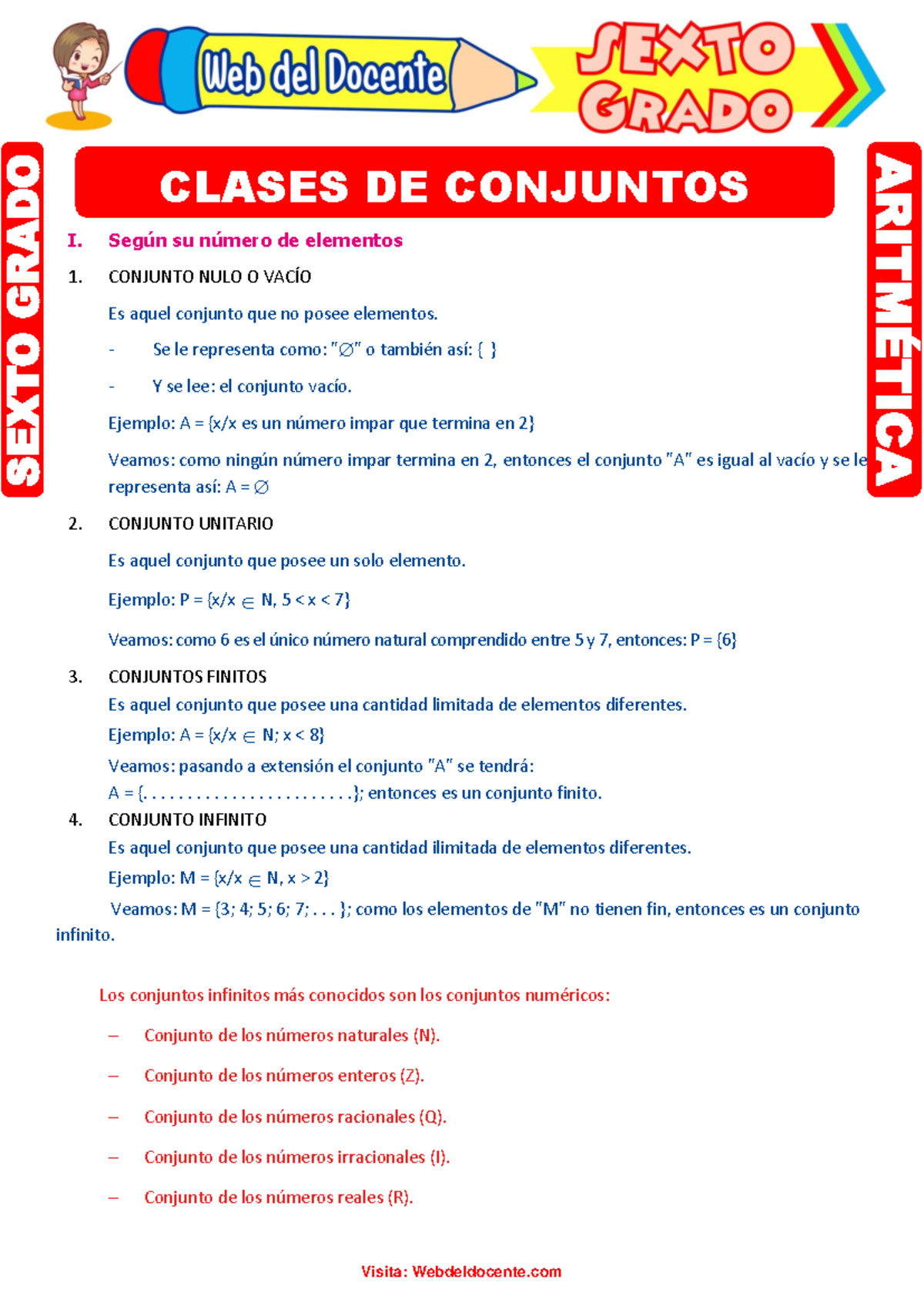 Clases de Conjuntos para Sexto Grado de Primaria - I. Según su número ...