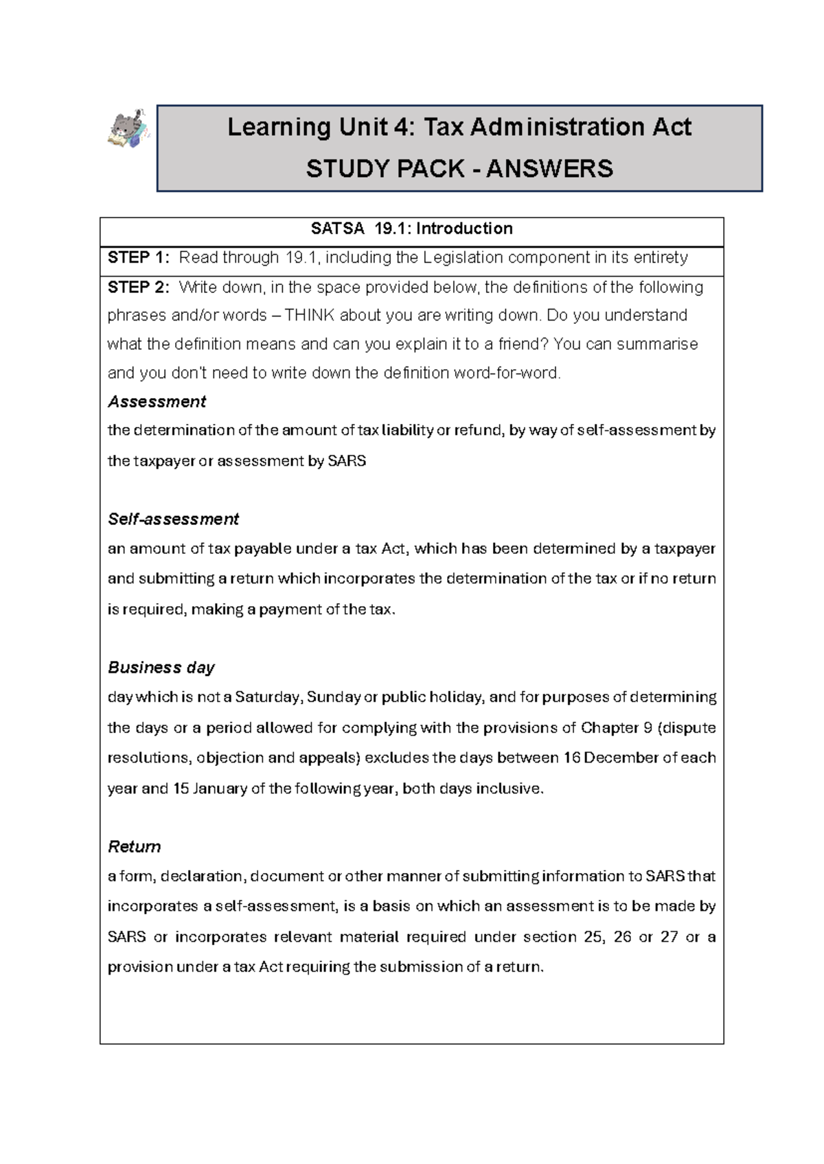 Study Pack Answers - SATSA 19: Introduction STEP 1: Read through 19 ...