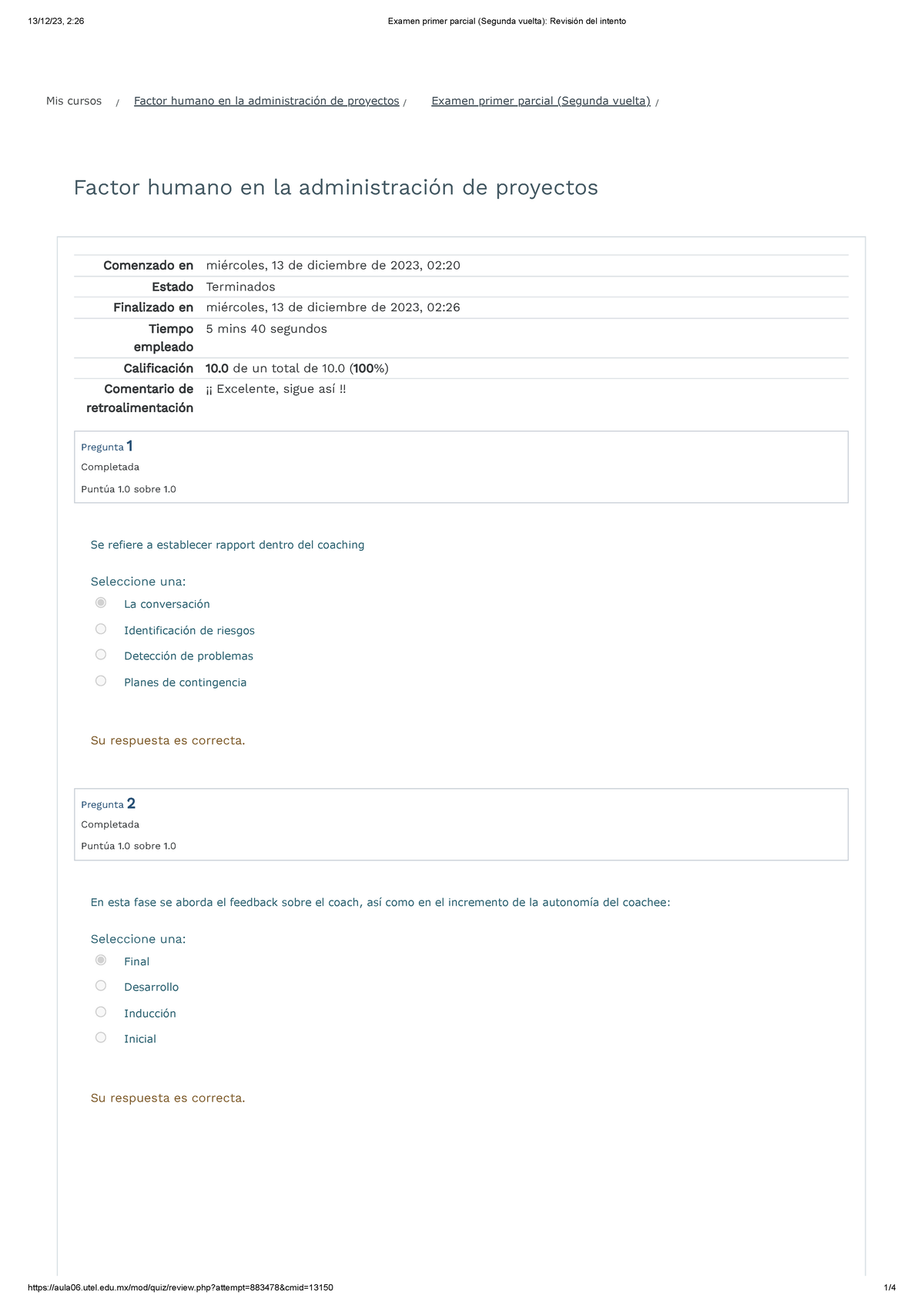 Examen primer parcial (Segunda vuelta) Revisión del intento - Factor humano en la administración ...