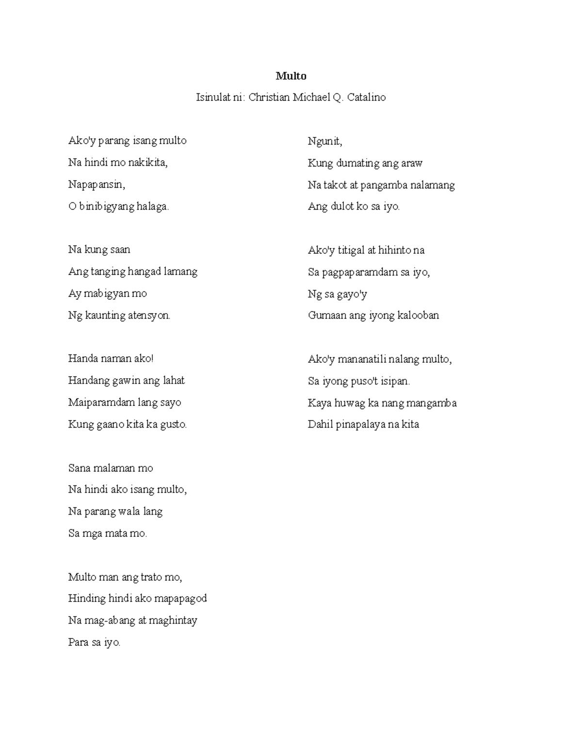 Multo - Poem - Multo Isinulat ni: Christian Michael Q. Catalino Ako'y ...