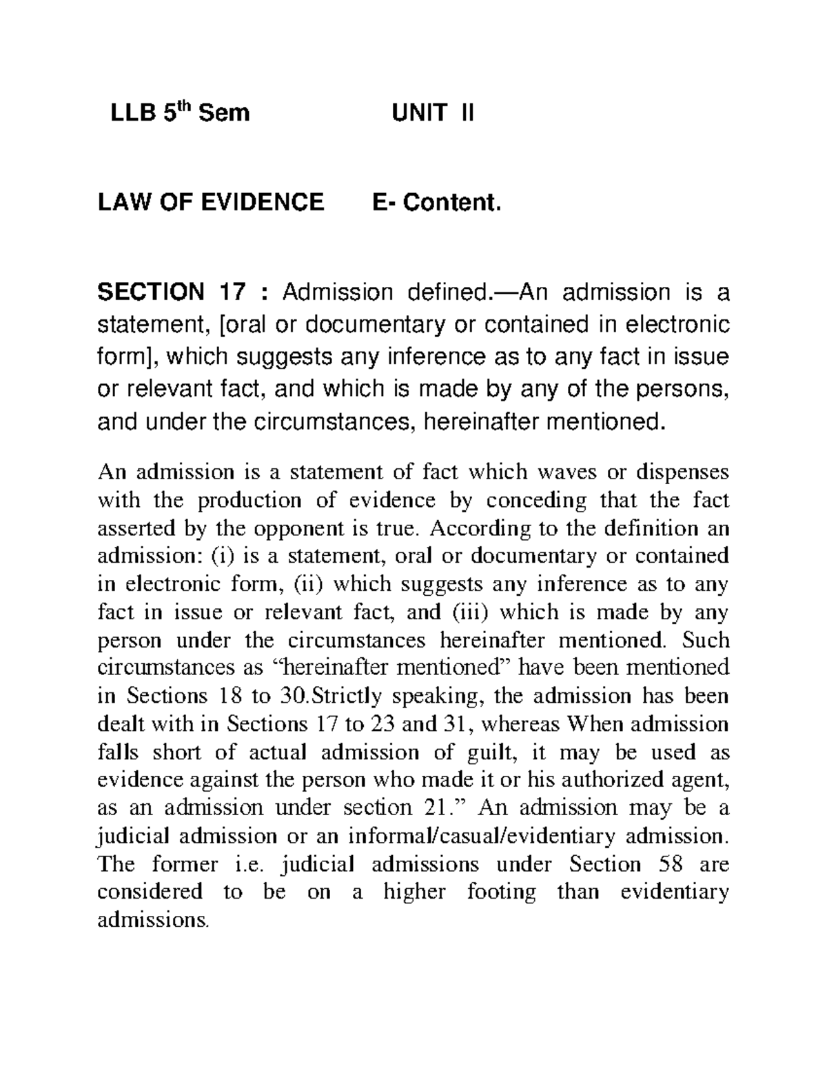 Unit 2 Admission study material - LLB 5th Sem UNIT II LAW OF EVIDENCE E ...