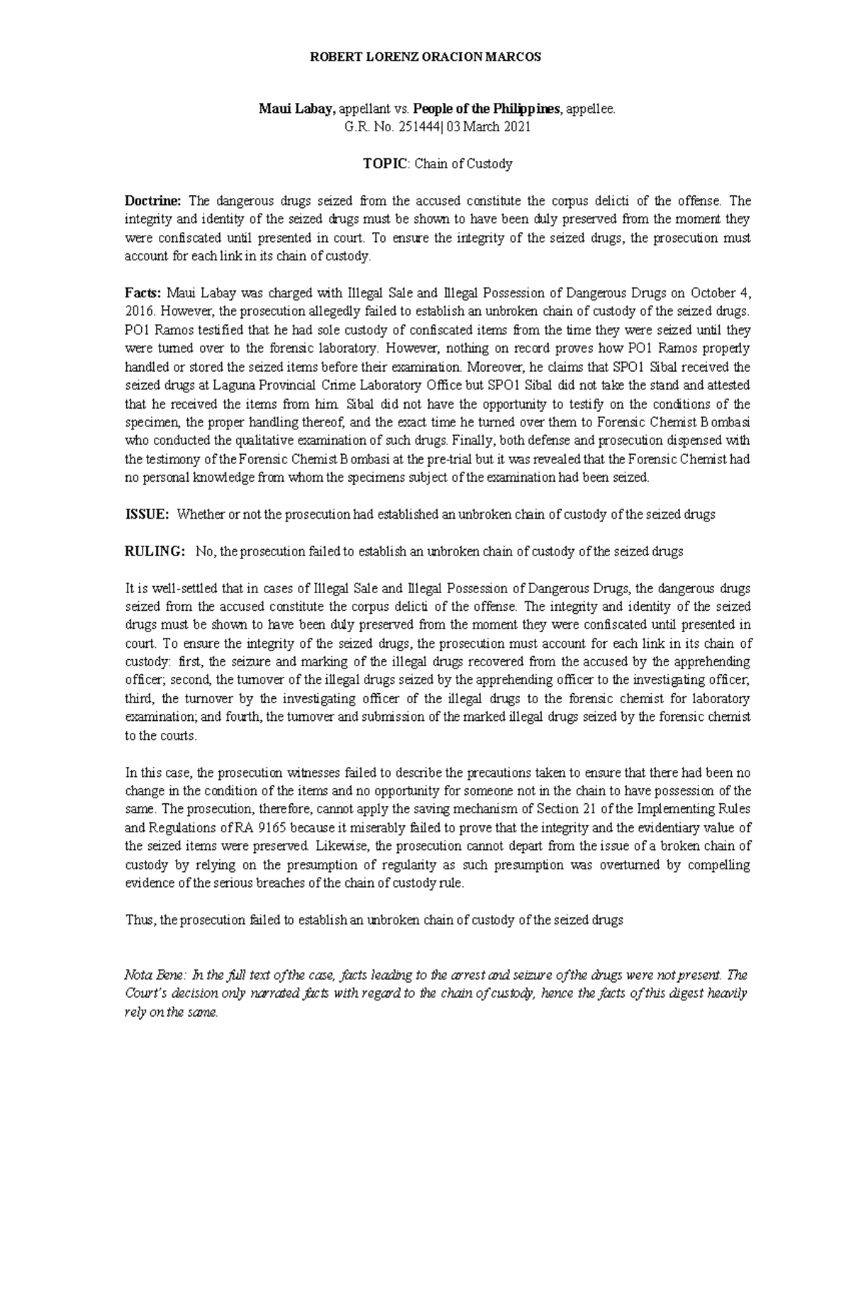 People vs. Labay Marcos - ROBERT LORENZ ORACION MARCOS Maui Labay ...