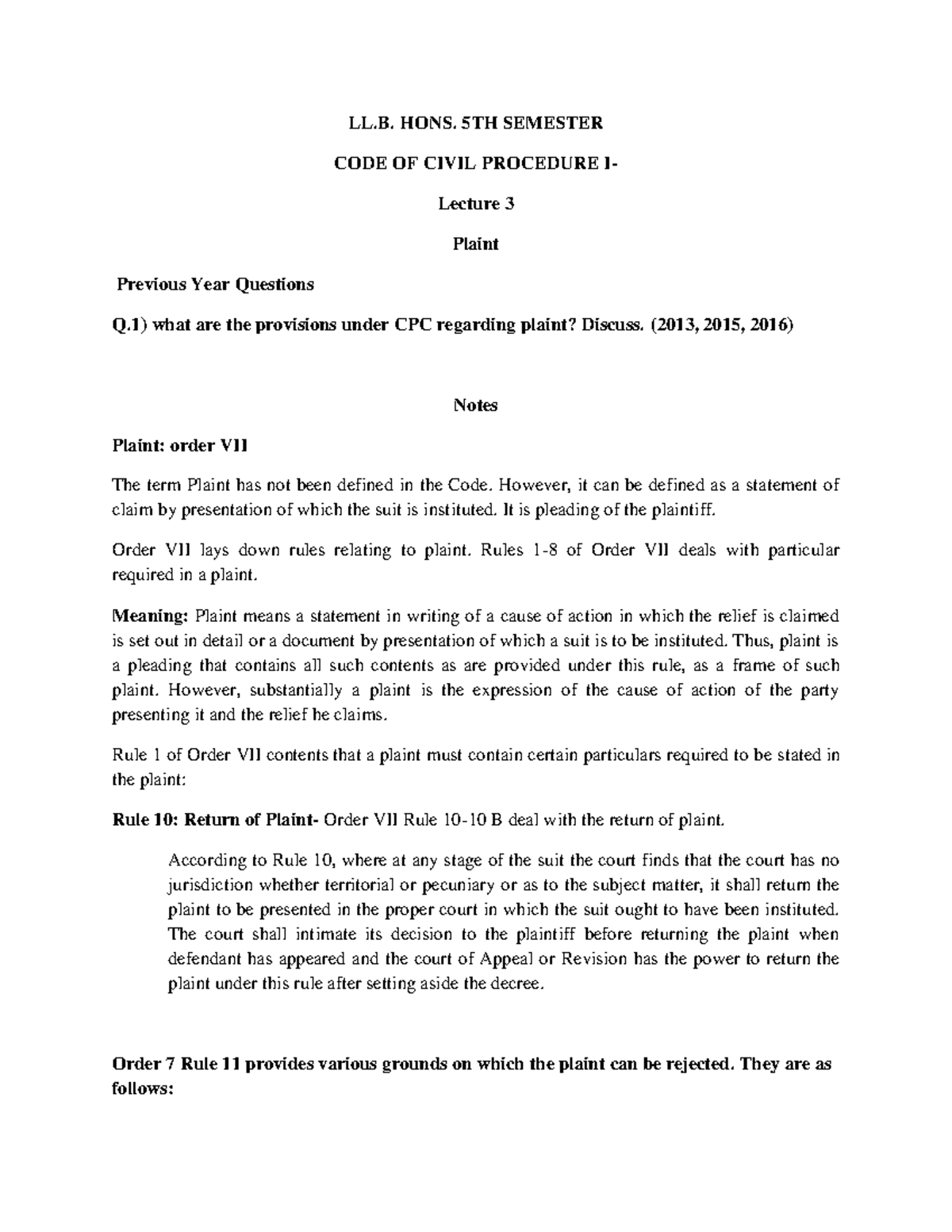 CPC Final draft UNIT I PDF-9-18 - Copy - LL. HONS. 5TH SEMESTER CODE OF CIVIL PROCEDURE I ...