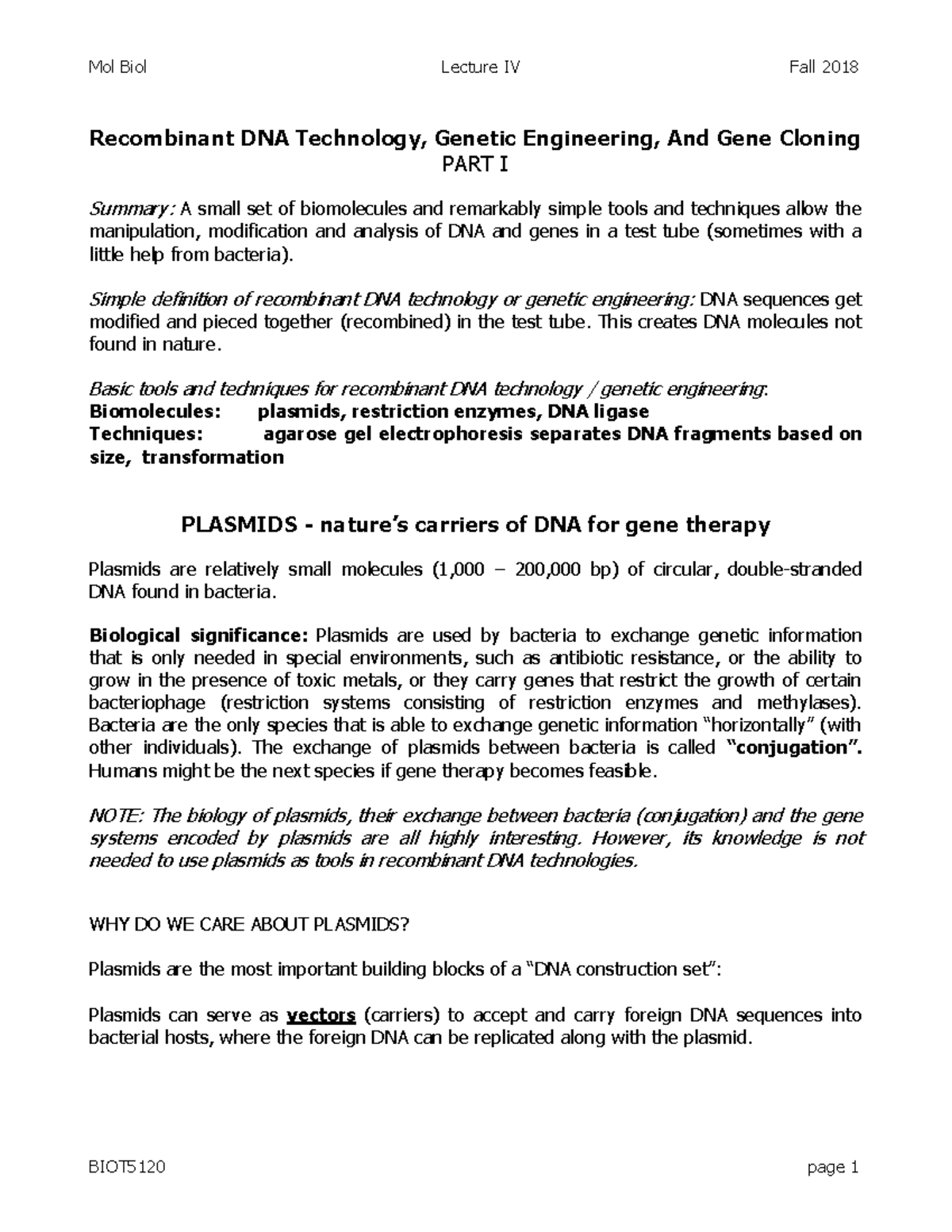 Lecture IV Recombinant DNA technology - Recombinant DNA Technology ...