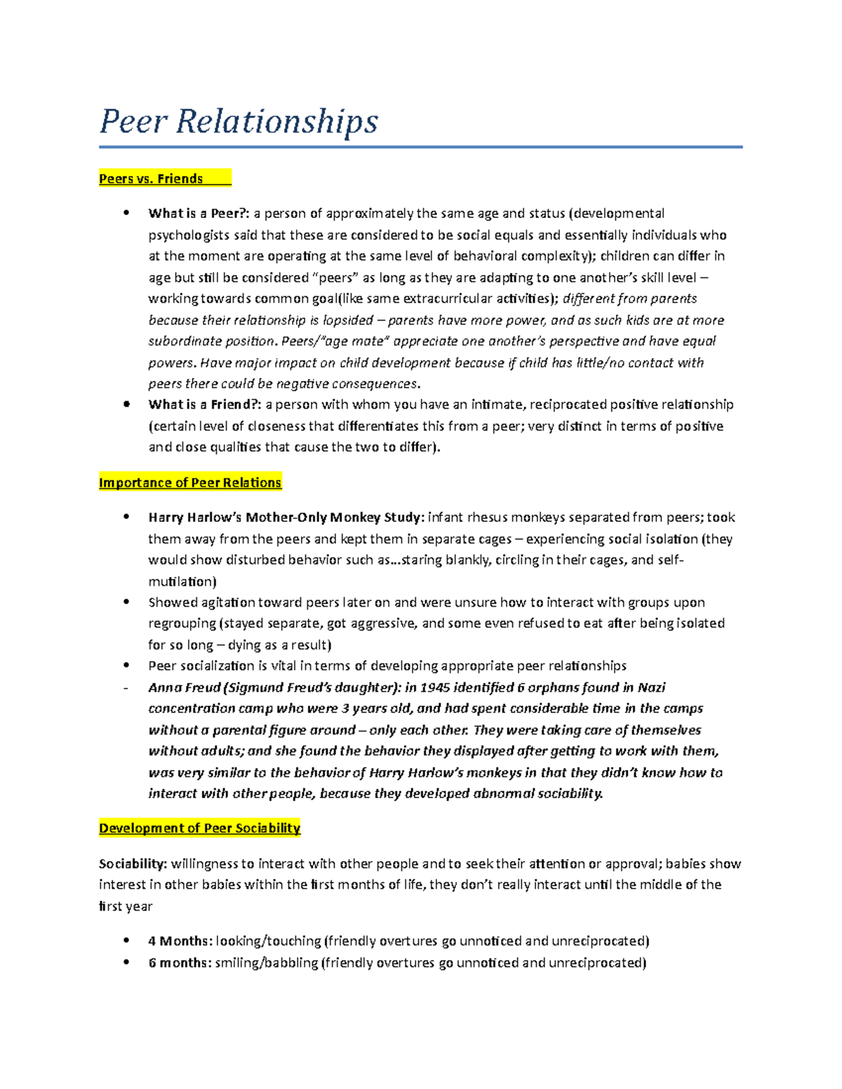 Child Psych Lecture 13 - Peer Relationships Peers vs. Friends What is a ...