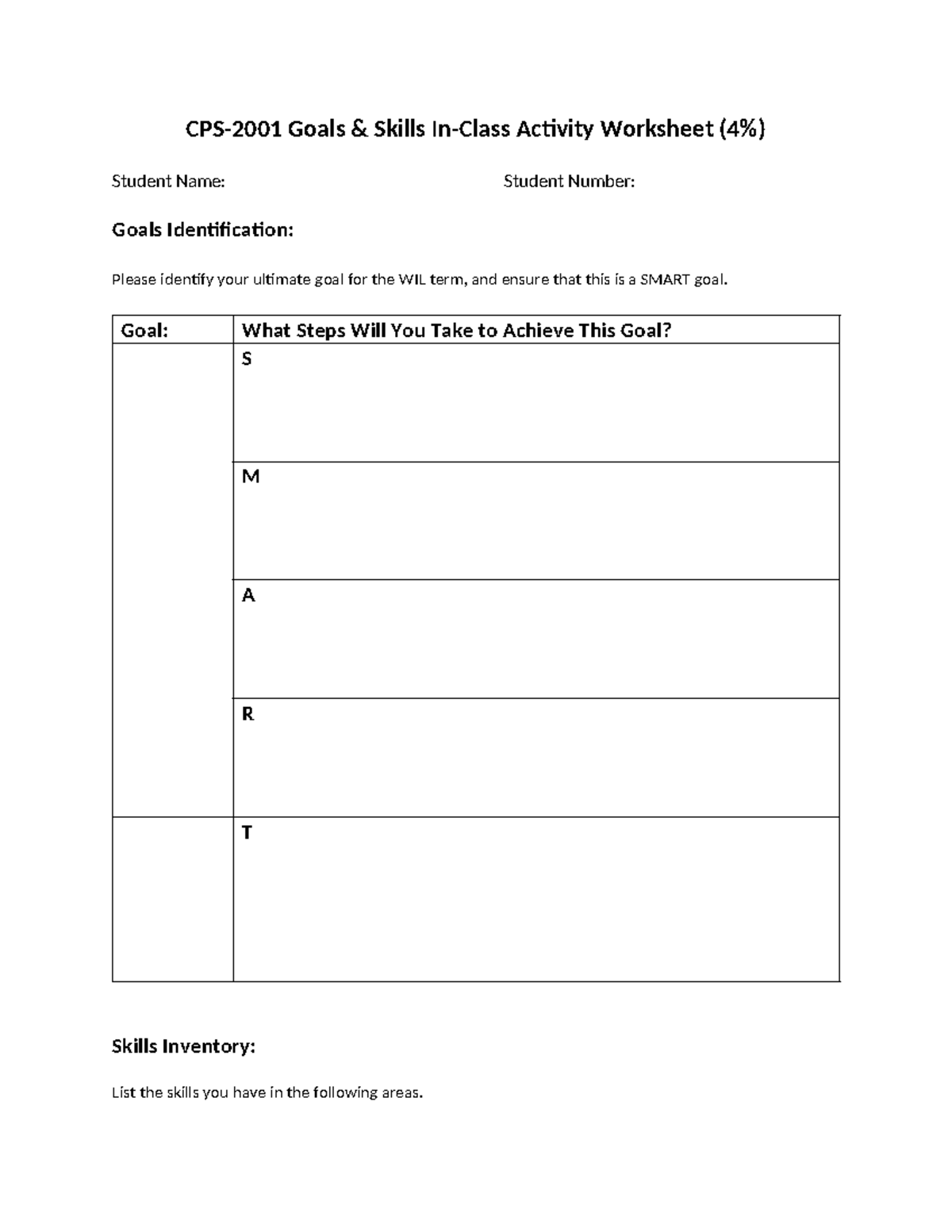 CPS 2001 - Goals and Skills Activity Worksheet - CPS-2001 - CPS-2001 ...
